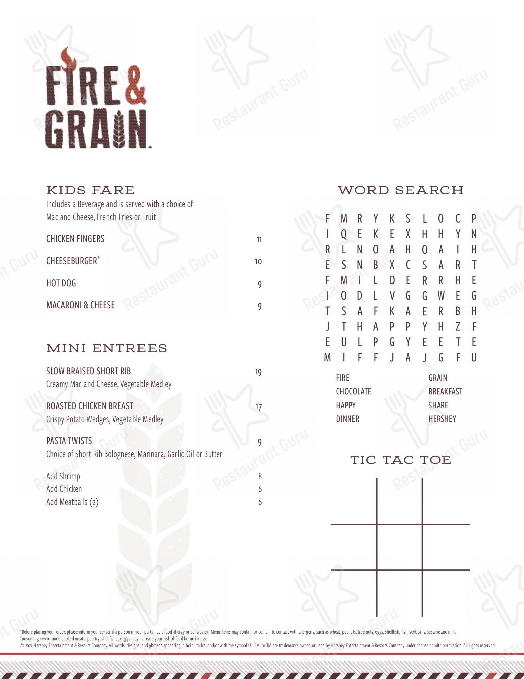Menu at Fire & Grain at Hershey Lodge restaurant, Hershey