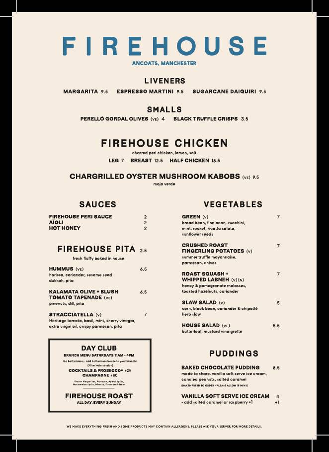 Menu at Firehouse Manchester restaurant, Manchester