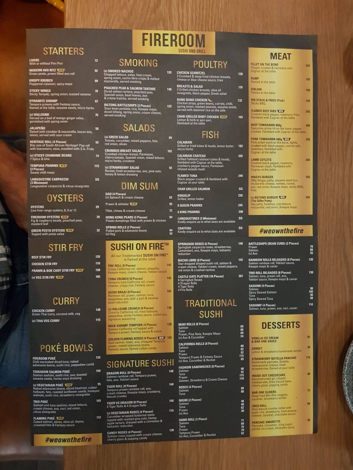 Menu at Fireroom Castle Gate restaurant, Pretoria