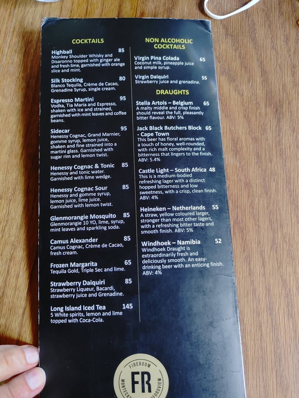 Menu au Fireroom Castle Gate restaurant, Pretoria