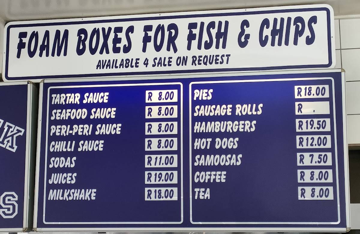 Menu at Fish Hoek Fisheries fast food, Cape Town