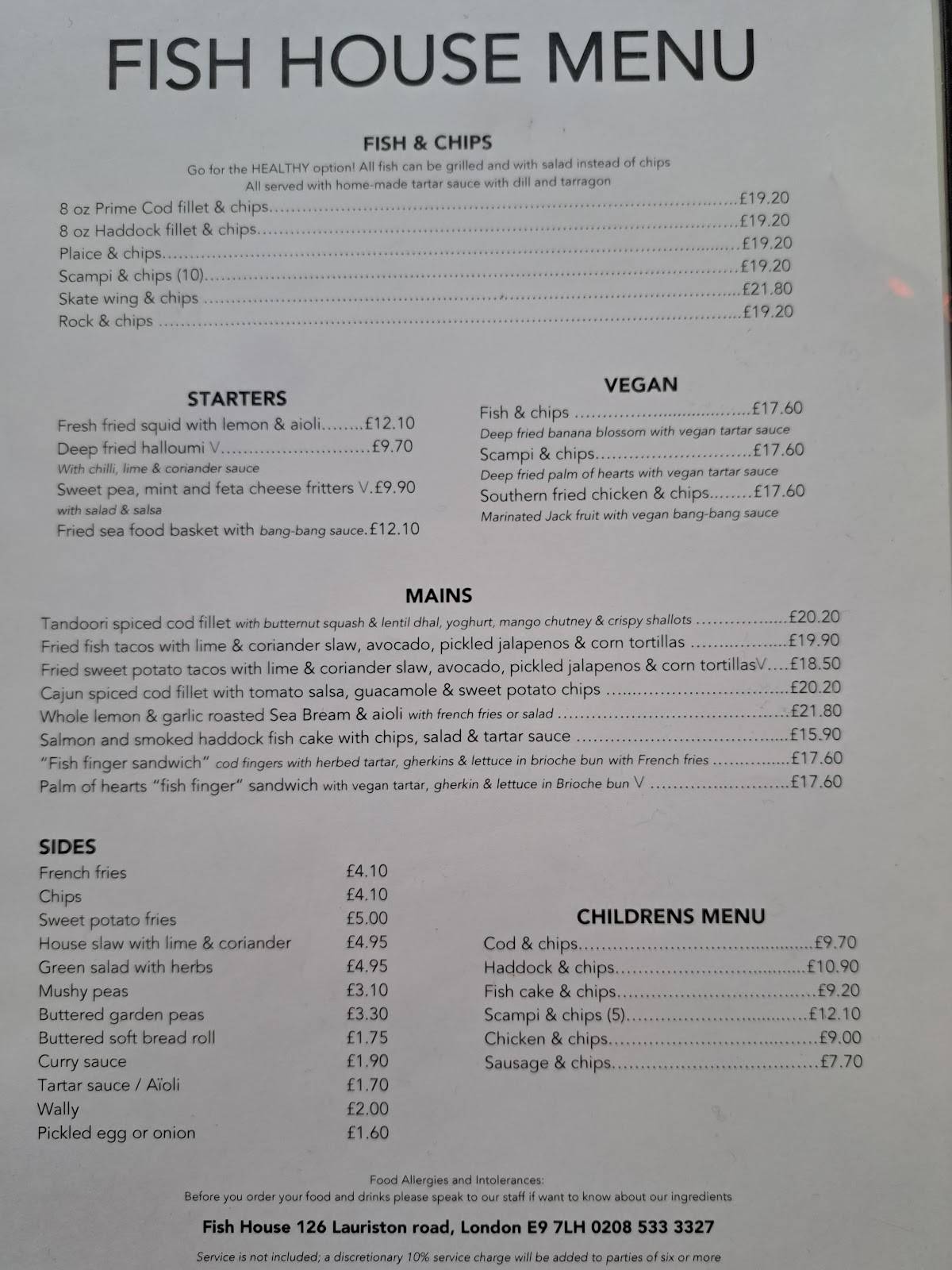 Menu at Fish House E20 restaurant, London, 36-39 Victory Parade