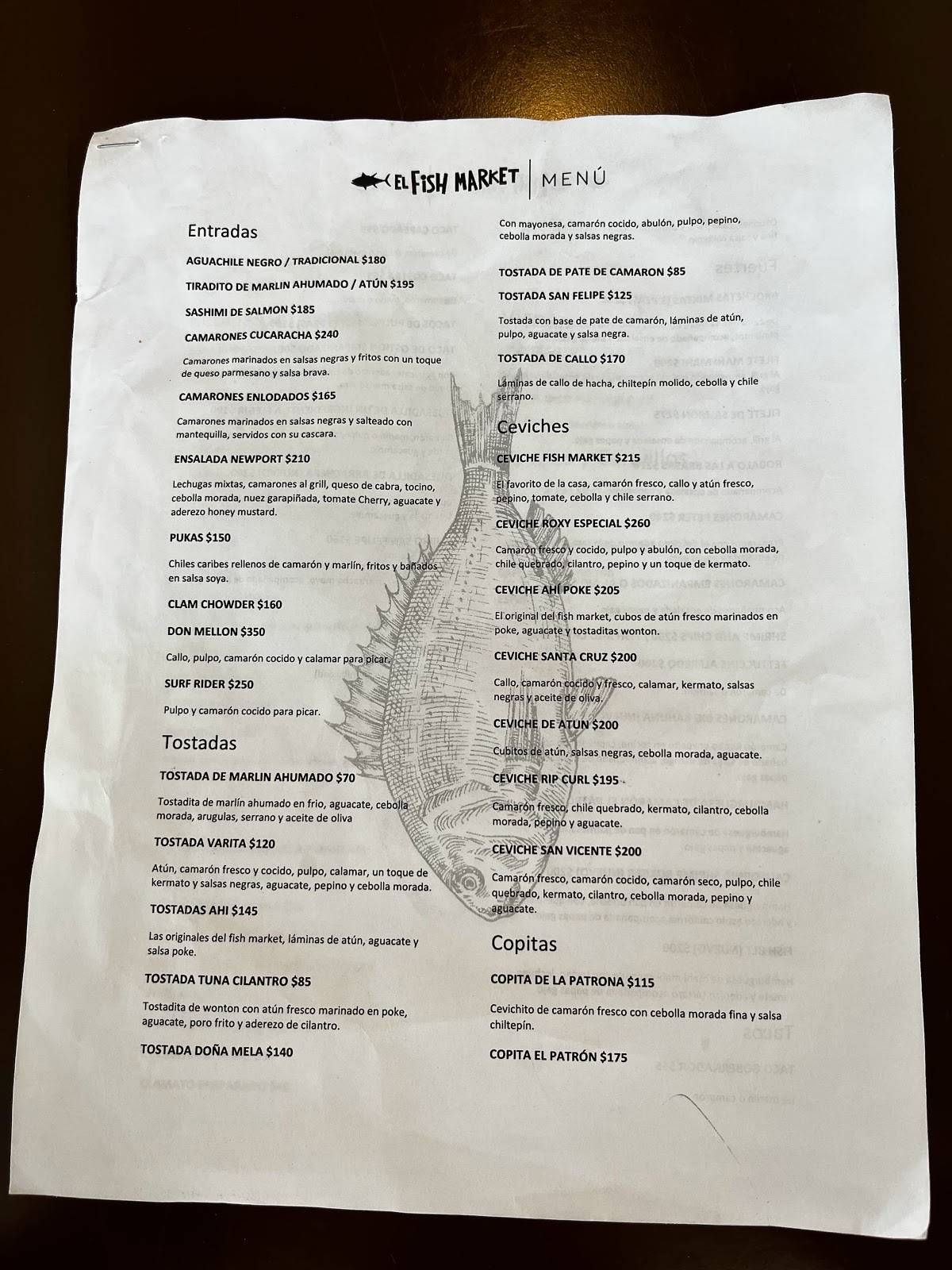 Menu at Fish Market Seafood Restaurant, Mazatlán, Sinaloa 1504 A