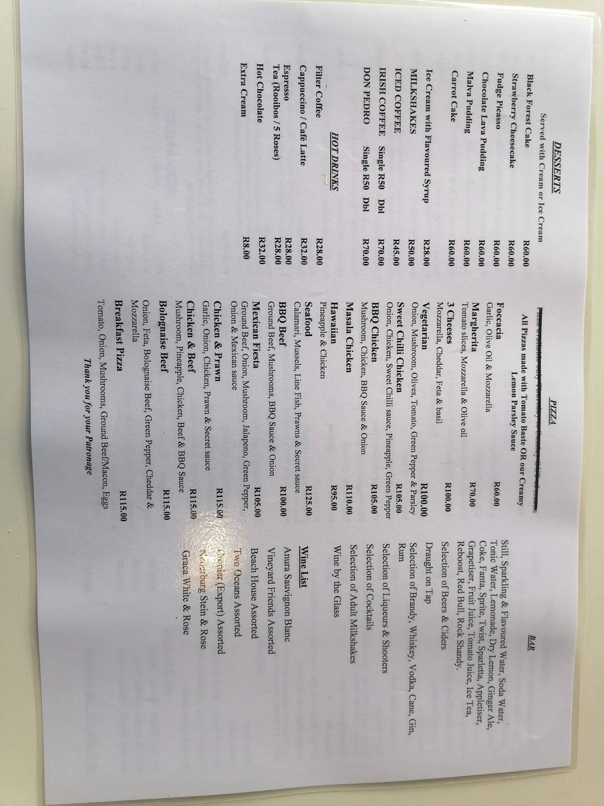 Menu at Fish On The River, Spillers Wharf restaurant, Port Shepstone