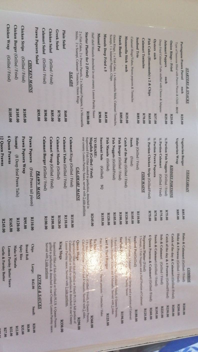 Menu at Fish On The River, Spillers Wharf restaurant, Port Shepstone