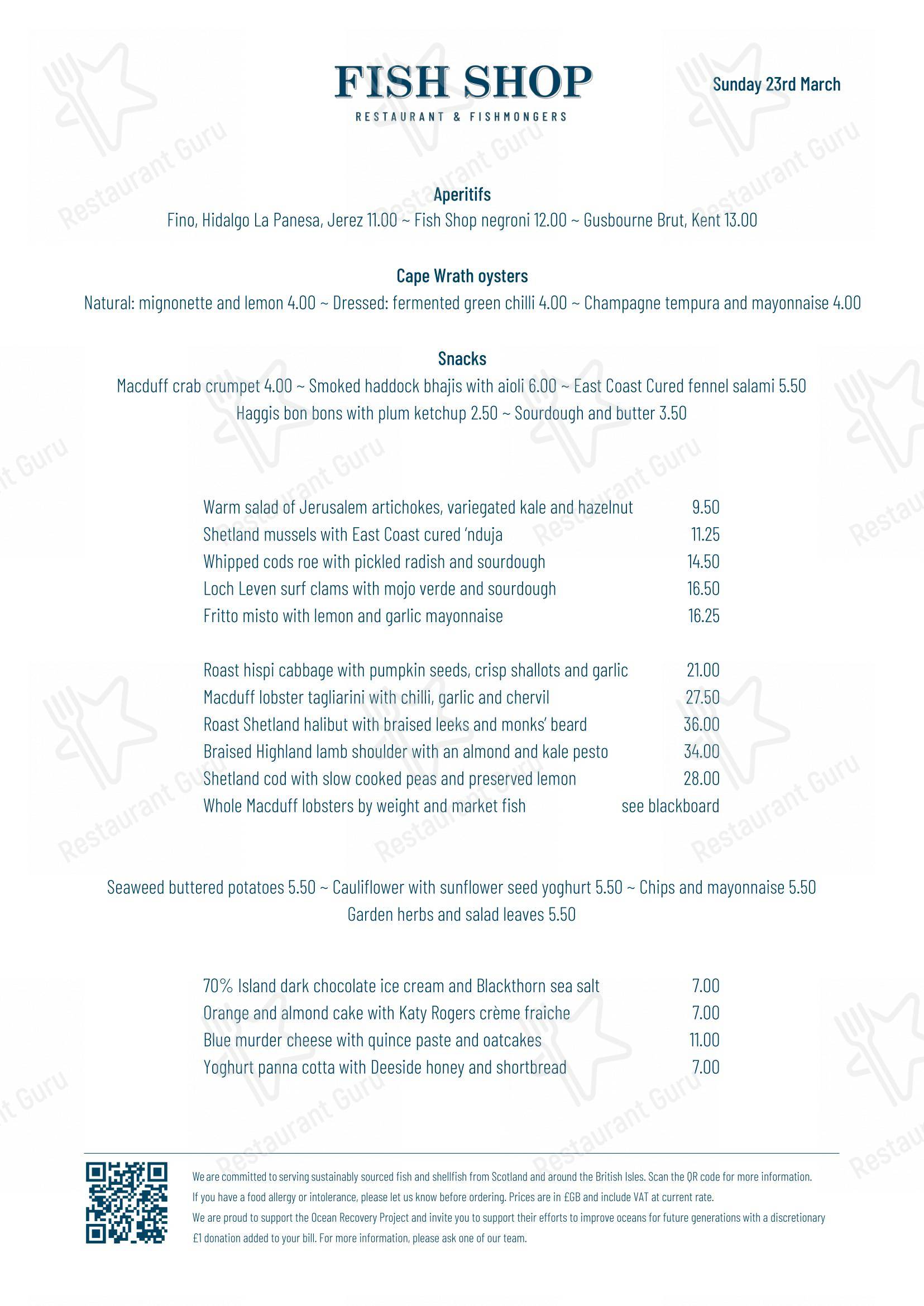 Menu at Fish Shop Restaurant, Ballater, 3 Netherley Pl