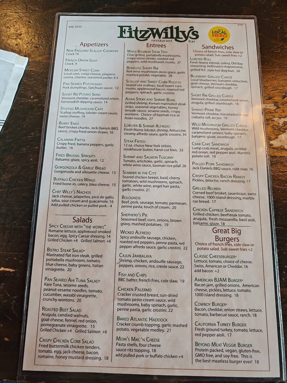 Menu at Fitzwilly's Restaurant, Northampton