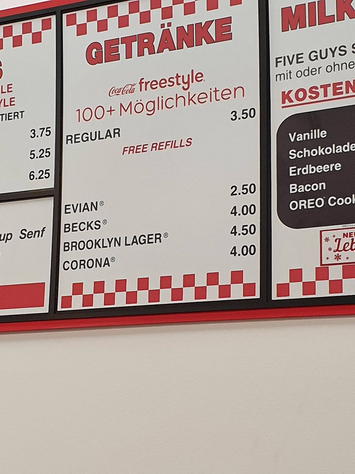 Speisekarte von Five Guys fast Food, Frankfurt am Main