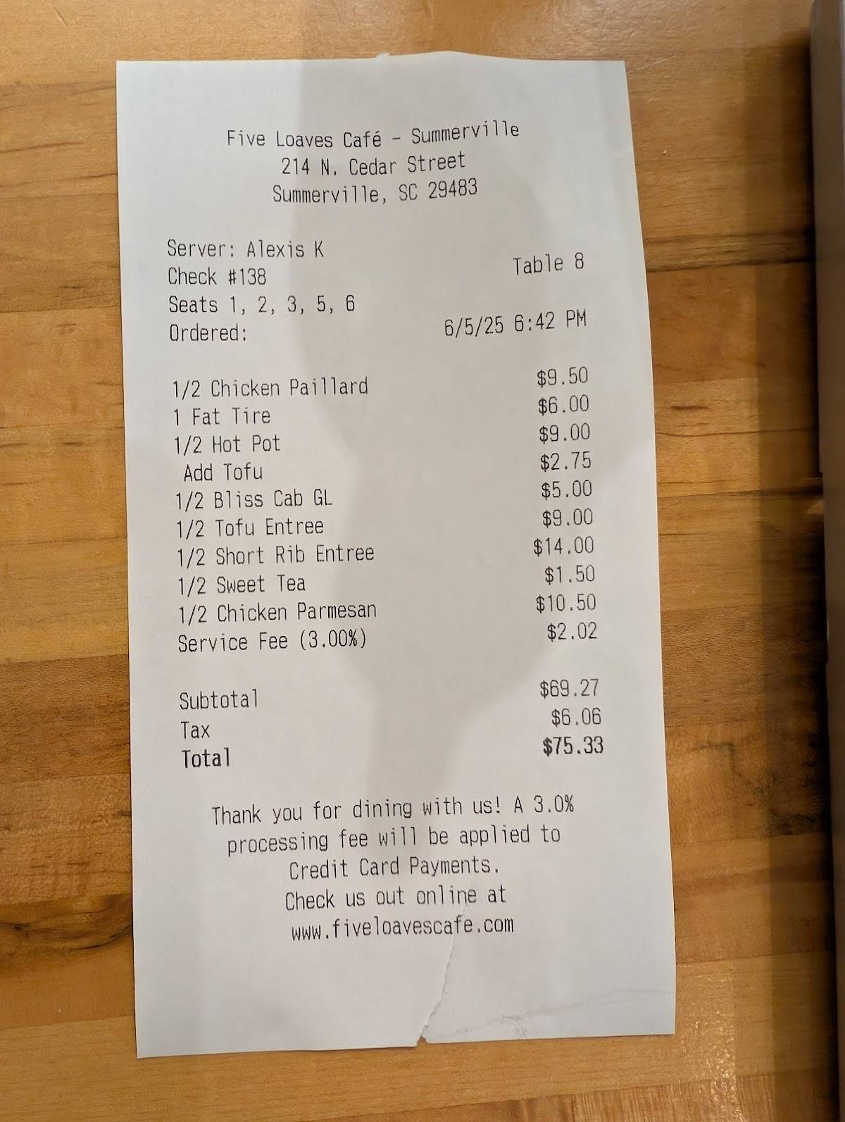 Menu at Five Loaves Cafe, Summerville, 214 N Cedar St