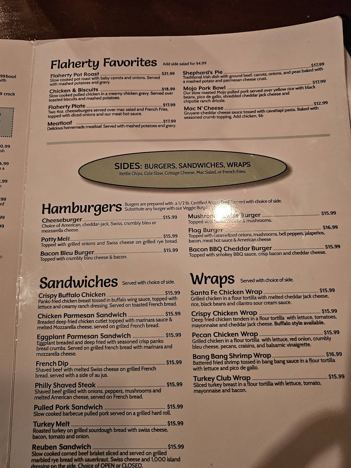 Menu at Flaherty's Three Flags Inn pub & bar, Honeoye Falls