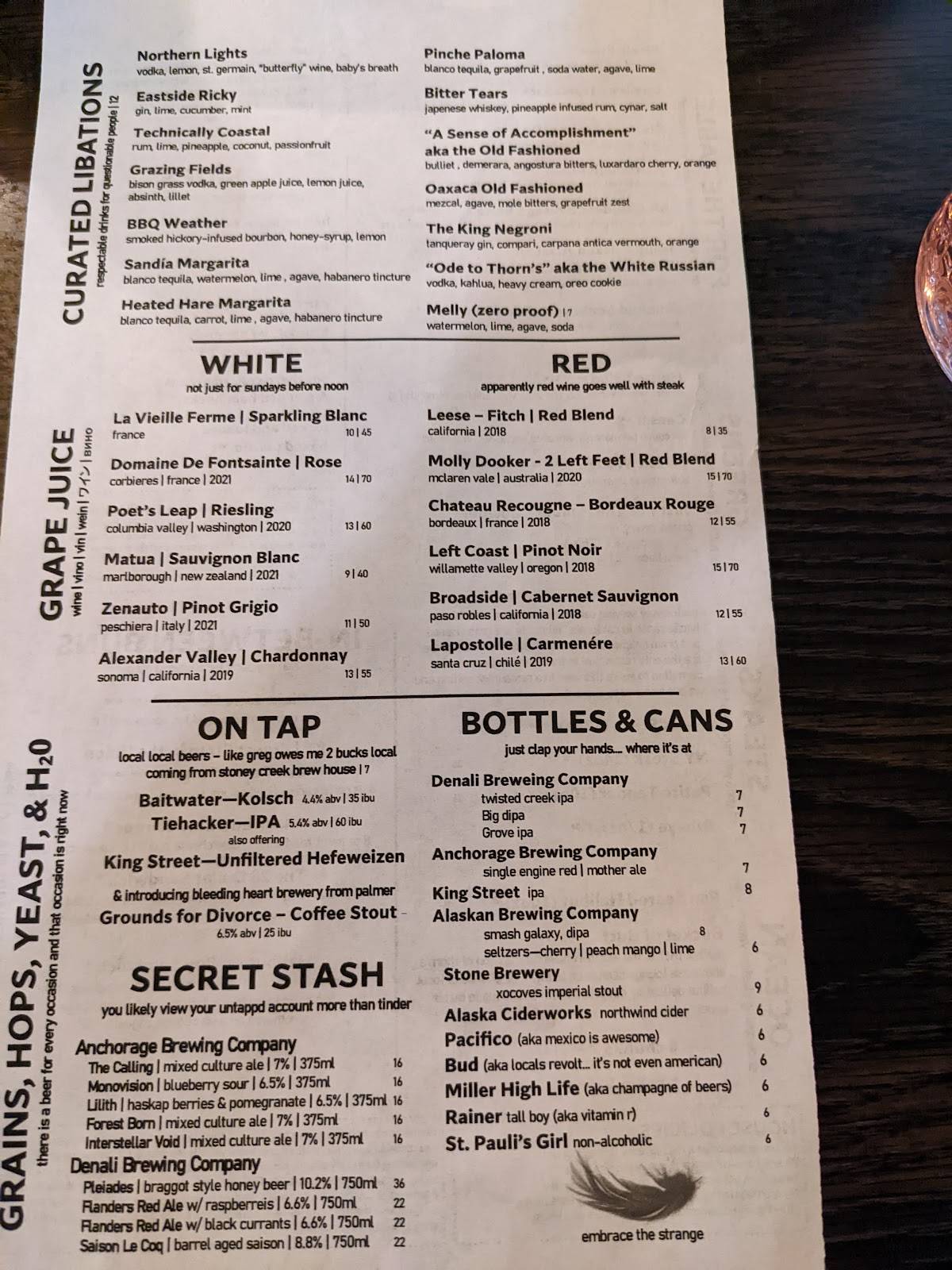Menu at Flamingo Lounge steakhouse, Seward