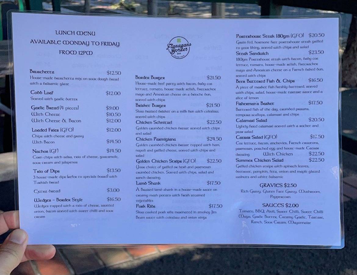 Menu at The Border Inn pub & bar, Bacchus Marsh