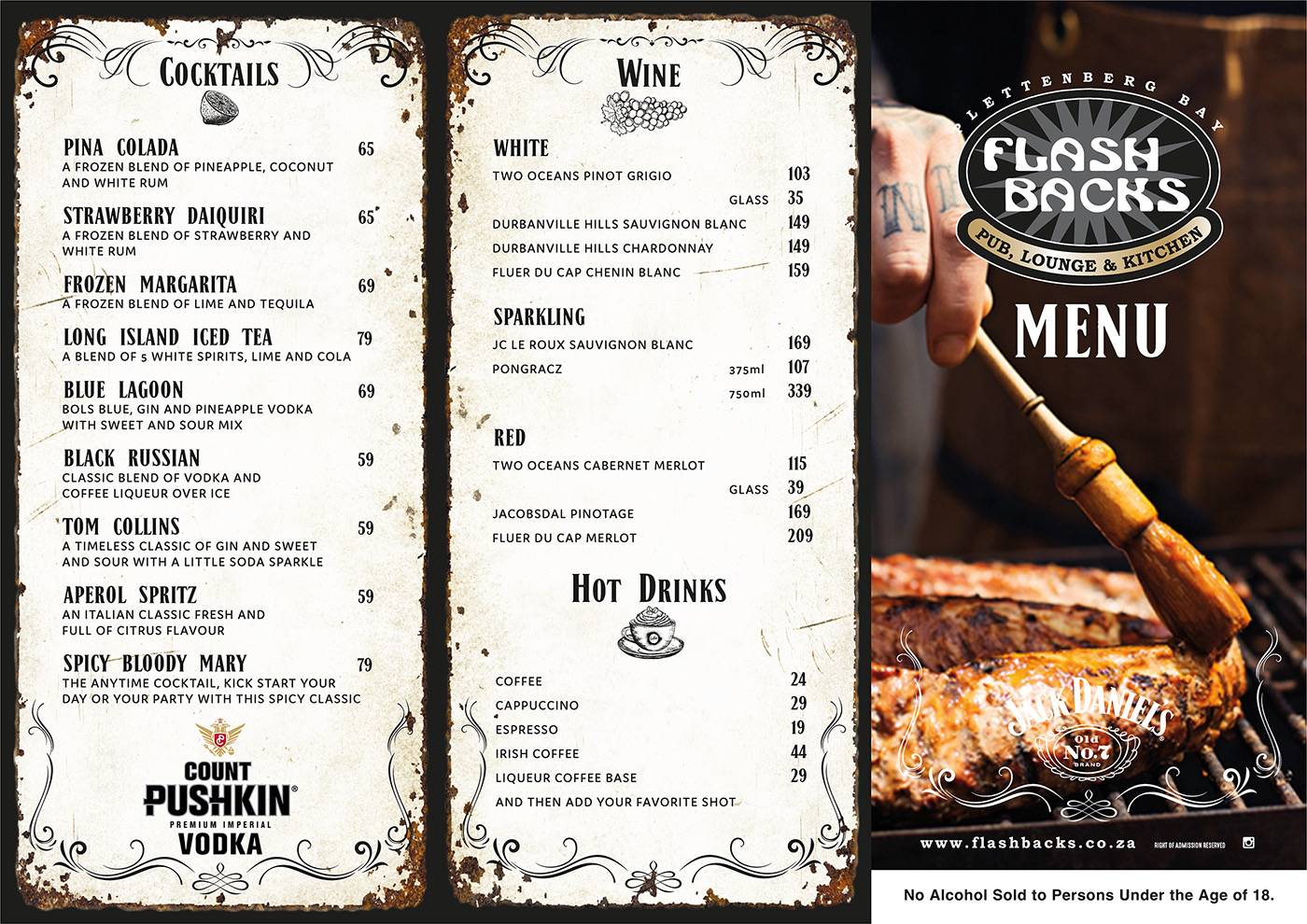 Menu at Flashbacks Bar, Plettenberg Bay