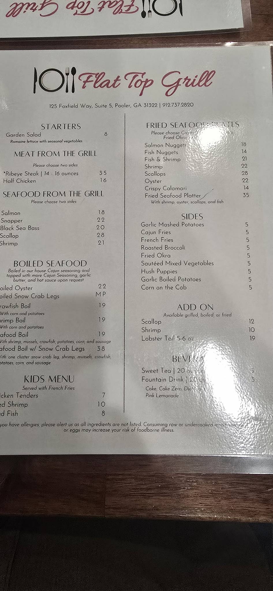 Menu at Flat Top Grill Pooler restaurant, Pooler