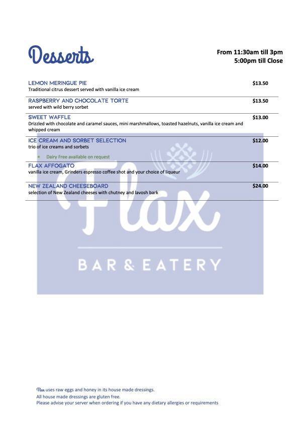 Menu at Flax & Co restaurant, Christchurch