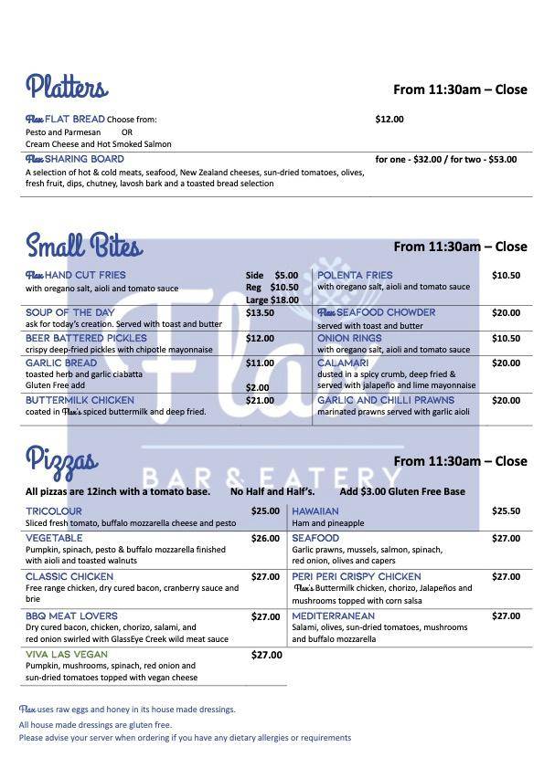 Menu at Flax & Co restaurant, Christchurch