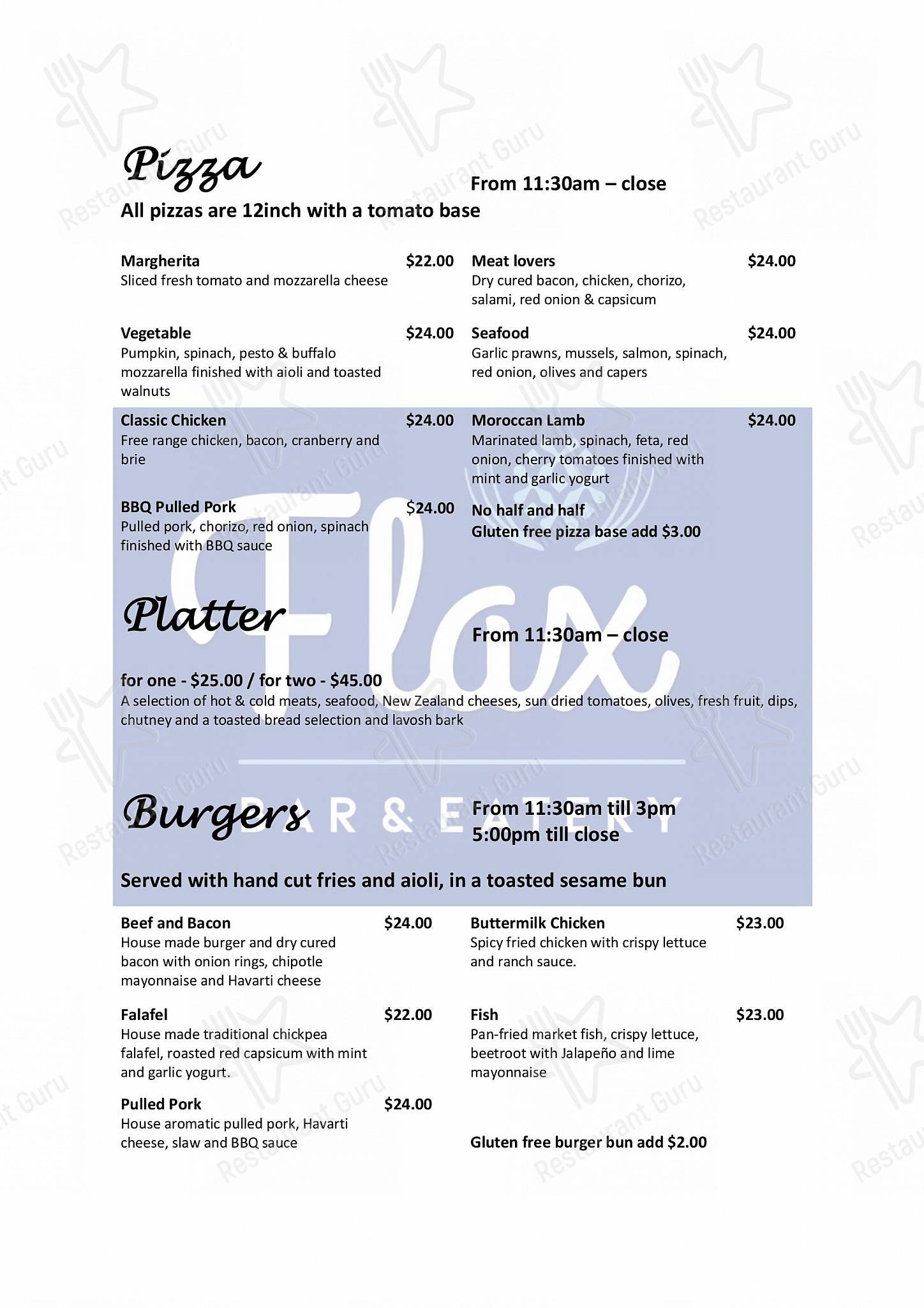 Menu at Flax & Co restaurant, Christchurch
