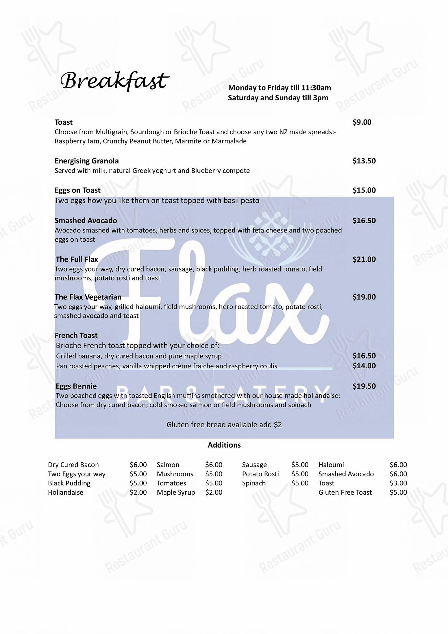 Menu at Flax & Co restaurant, Christchurch