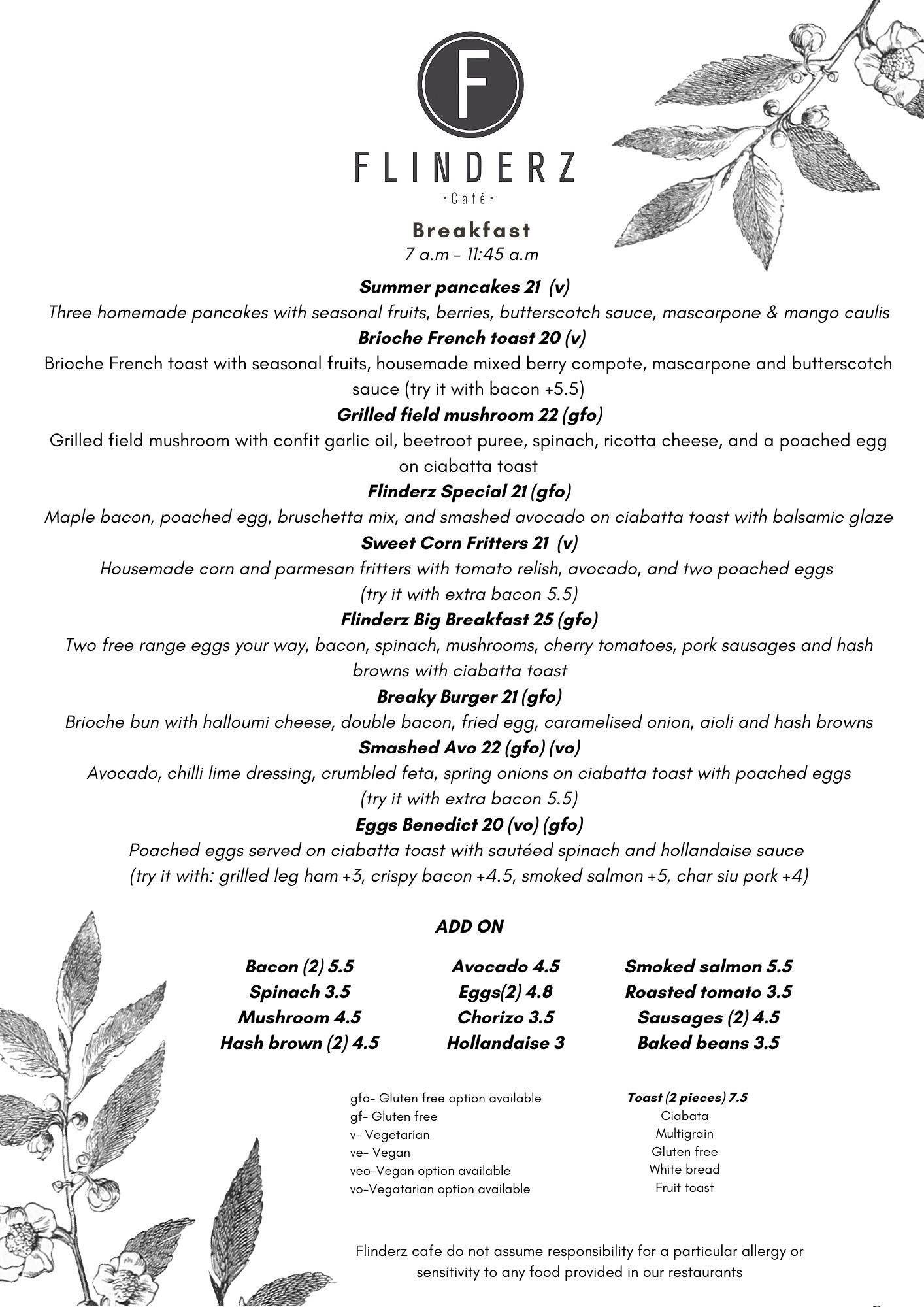 Menu at Flinderz Cafe & Restaurant, Hillarys