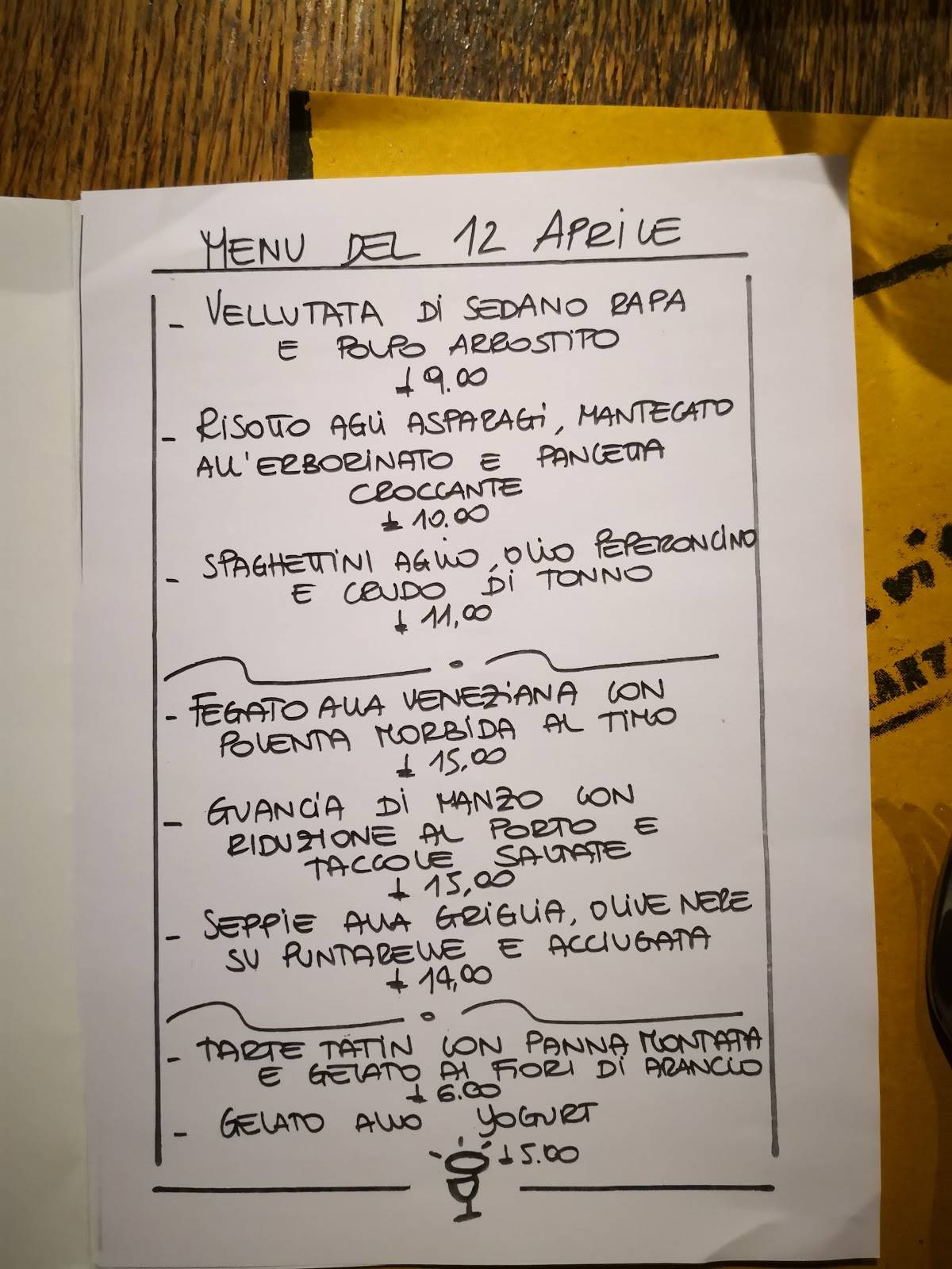 Menu at Il Santo Bevitore restaurant, Florence, Via Santo Spirito