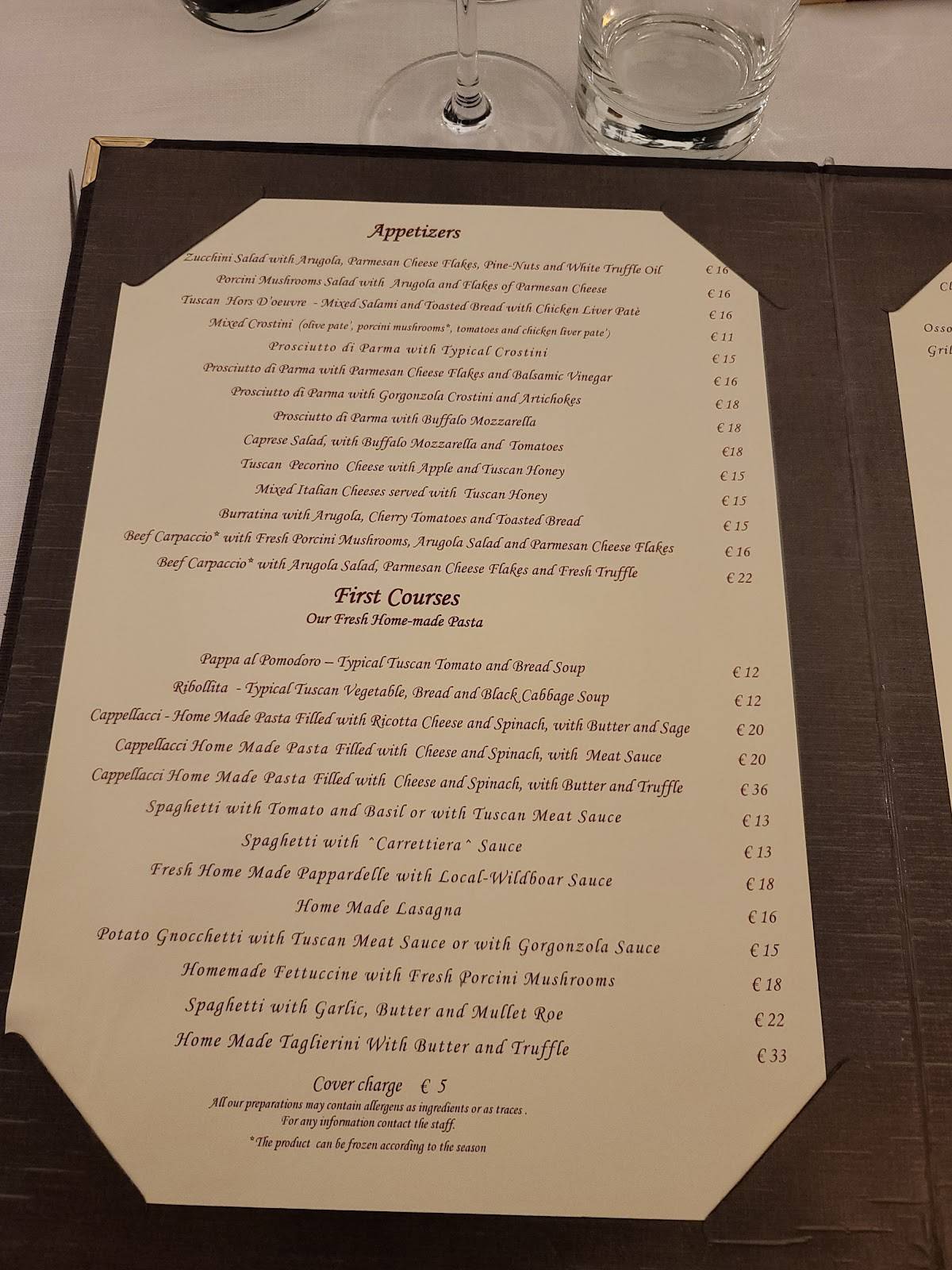 Menu da Ristorante Buca Mario, Firenze