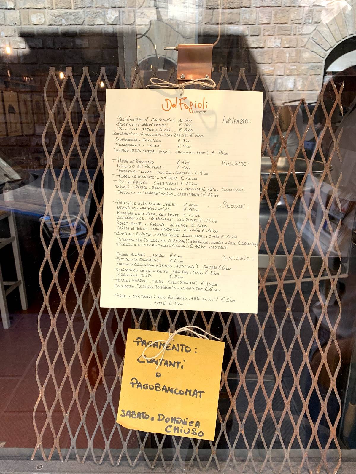 Menu at Ristorante del Fagioli, Florence, Corso dei Tintori