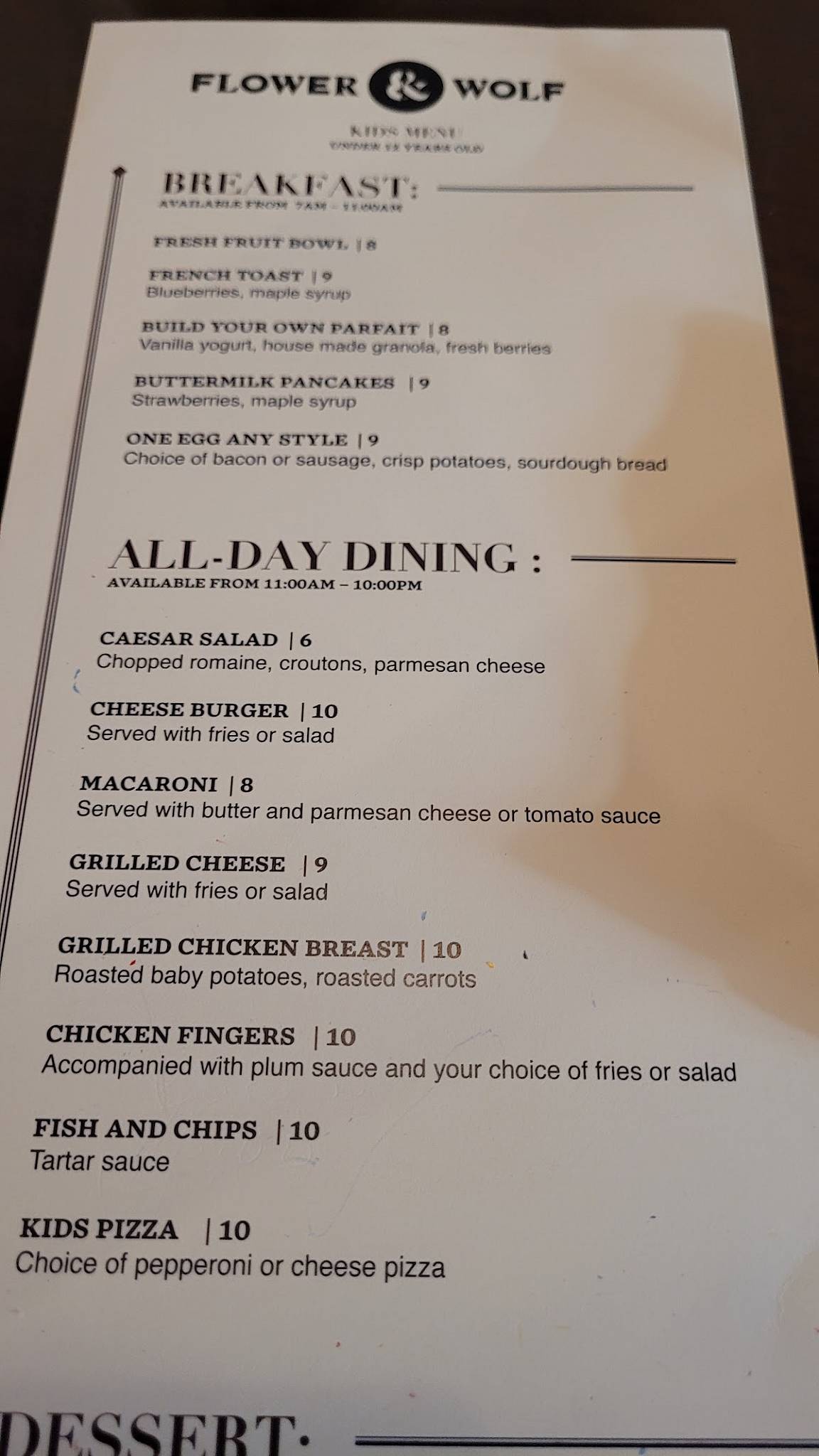 Menu at Flower and Wolf Calgary restaurant, Calgary
