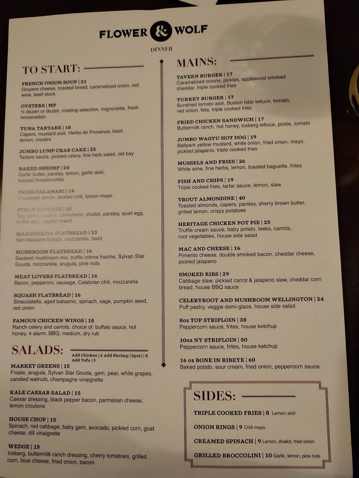 Menu at Flower and Wolf Calgary restaurant, Calgary
