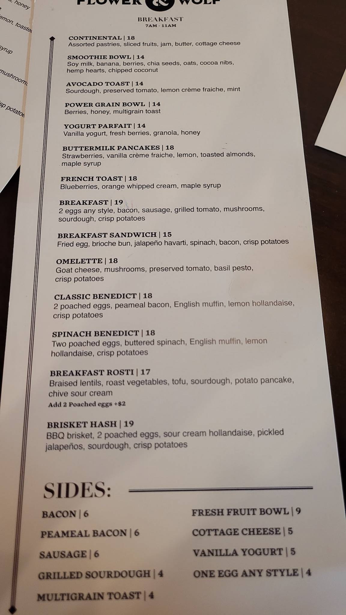 Menu at Flower and Wolf Calgary restaurant, Calgary