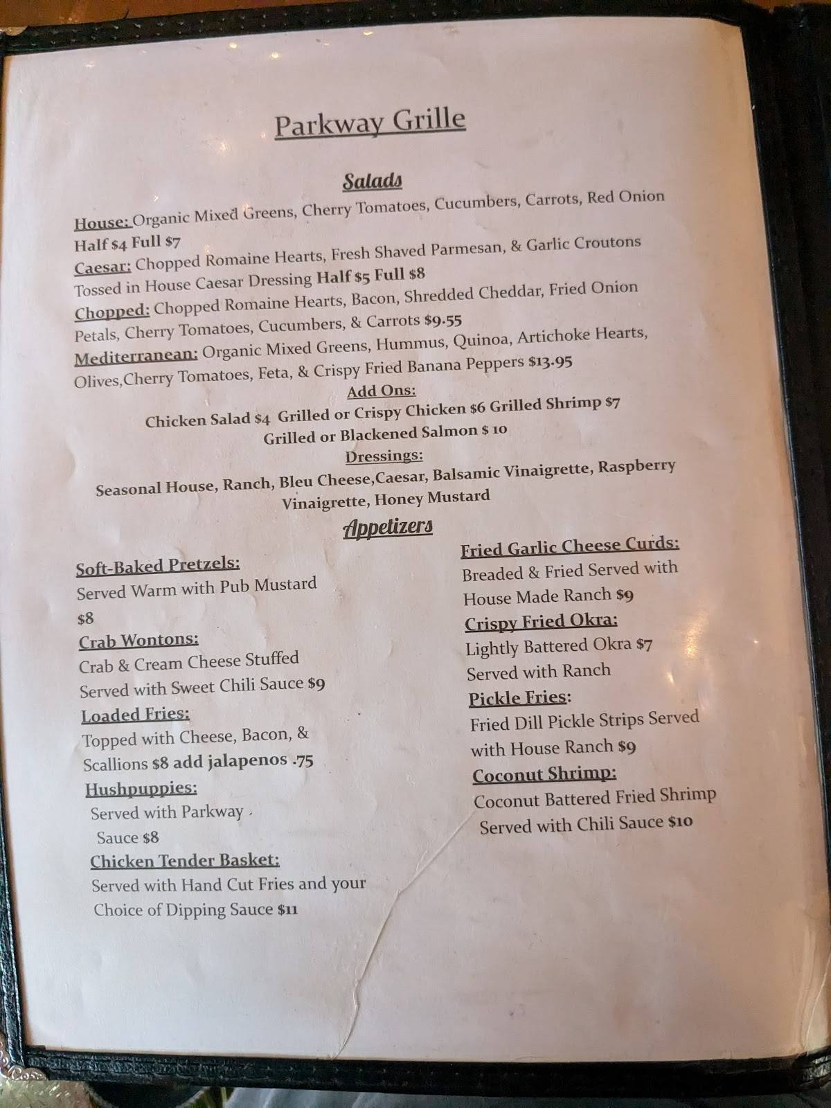Menu at Parkway Grille steakhouse, Floyd