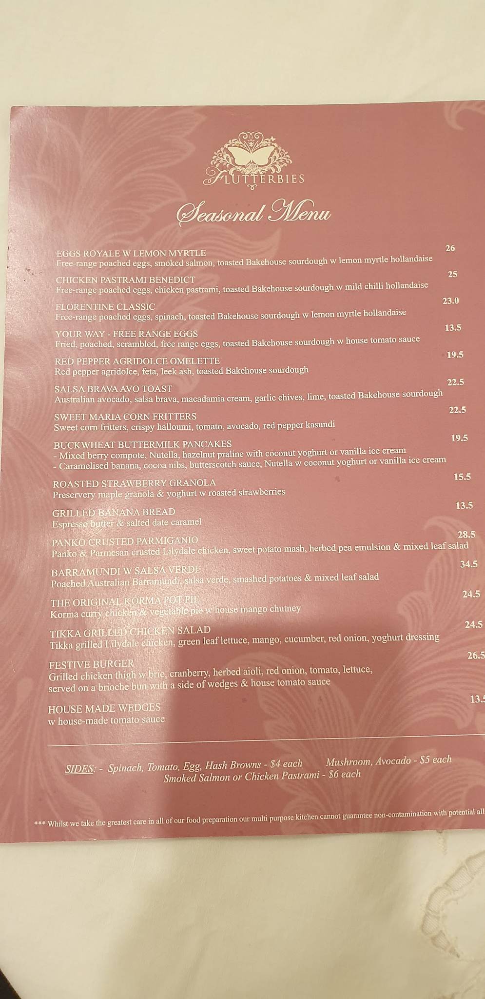 Menu at Flutterbies Cottage Cafe, Tyalgum