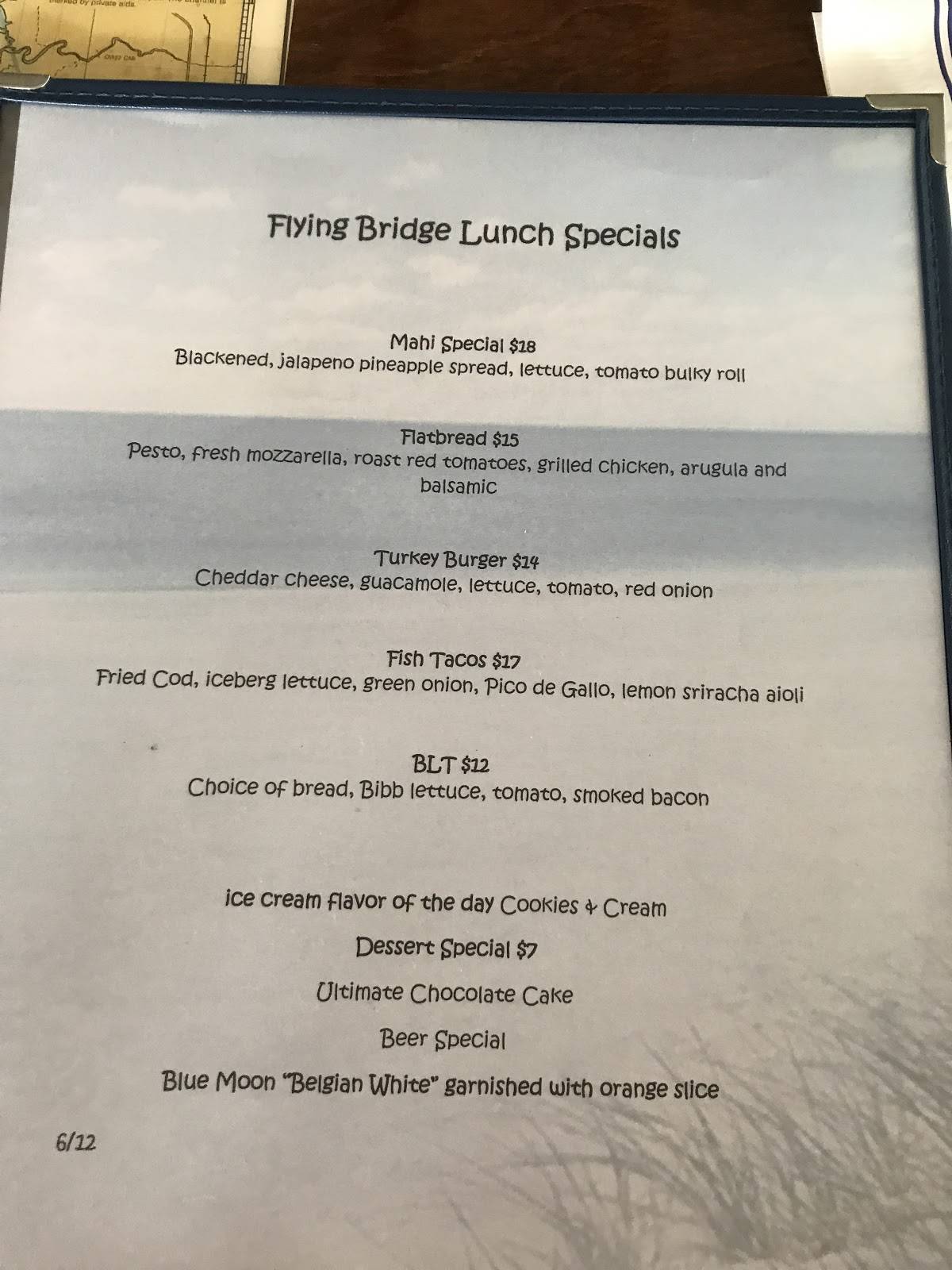 Menu at Flying Bridge Restaurant, Falmouth