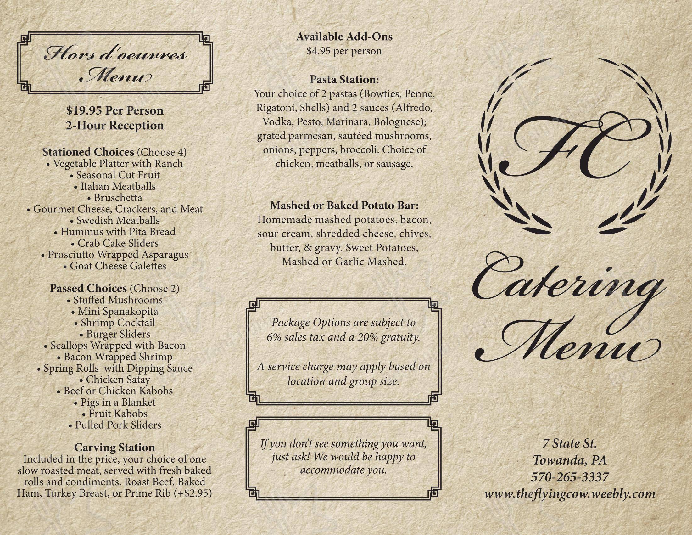 Carta del restaurante Flying Cow, Towanda, 7 State St