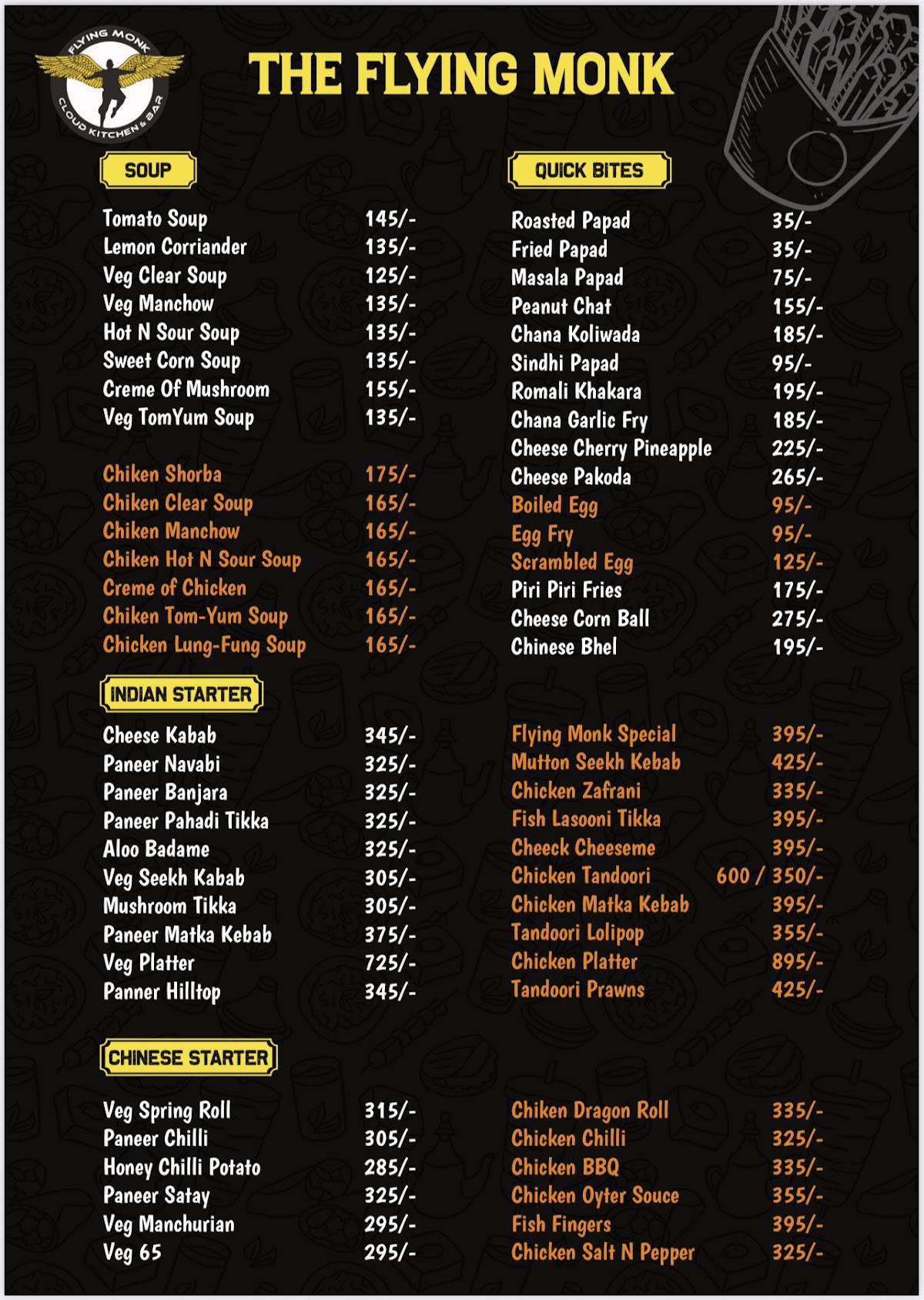 Menu at Flying Monk, Nashik