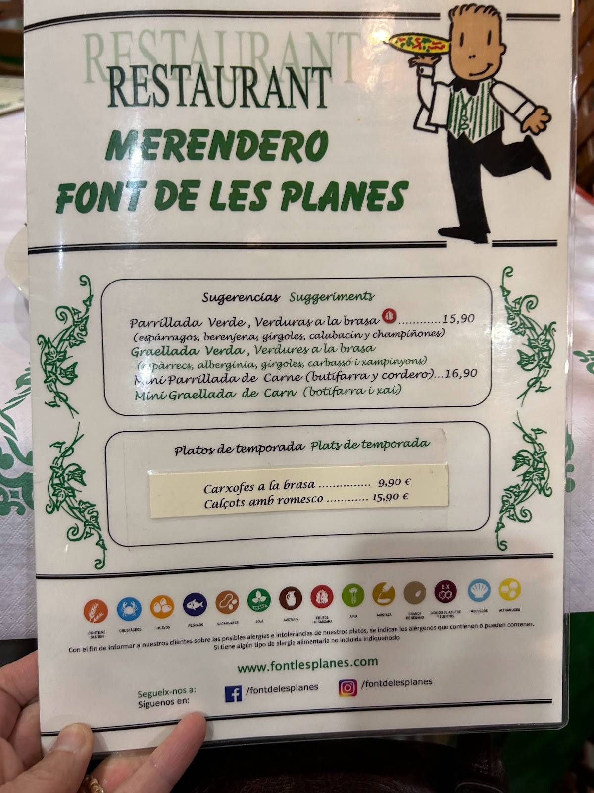 Carta de Restaurant Font de Les Planes, Barcelona