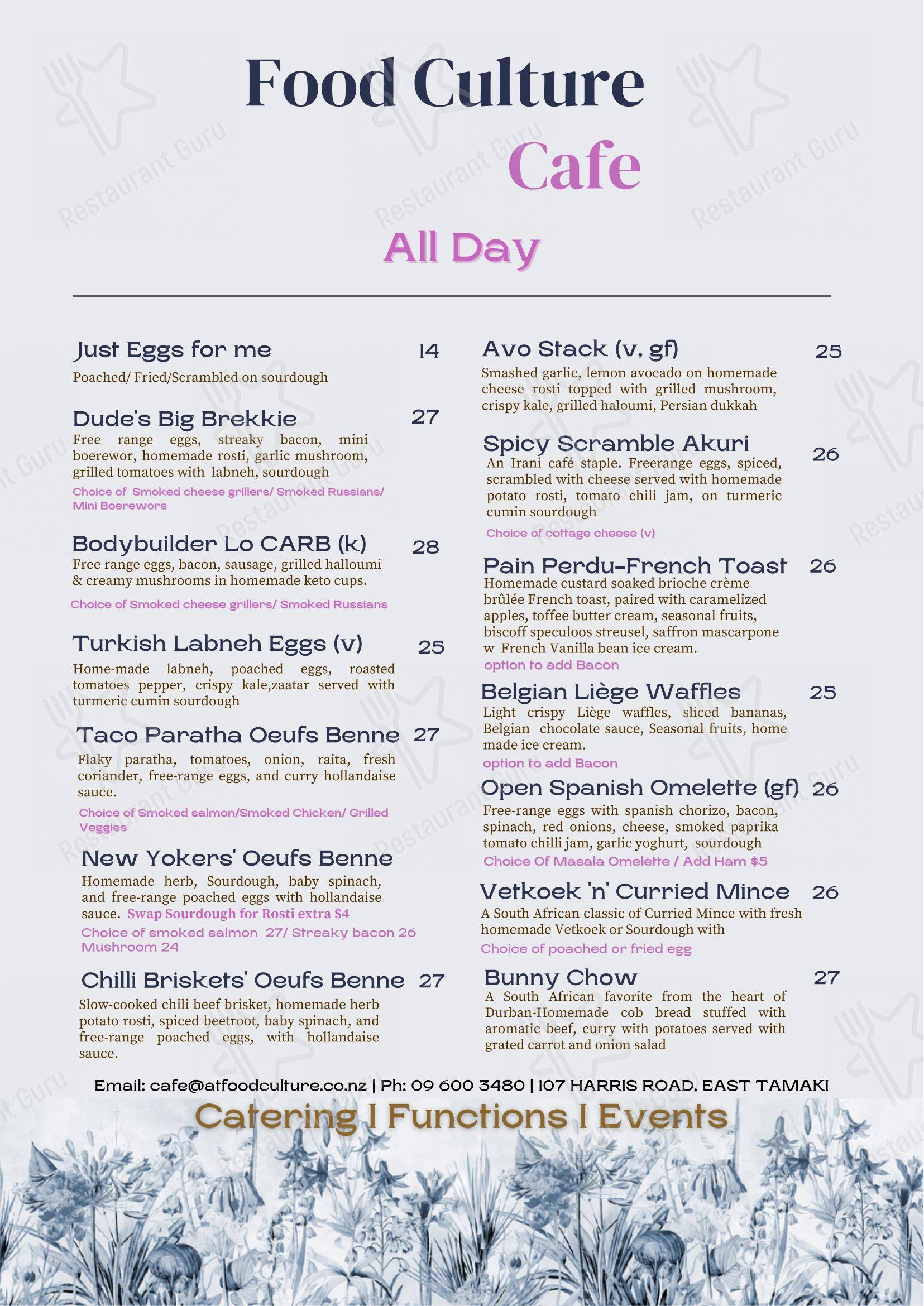 Carta de Food Culture Cafe, Auckland