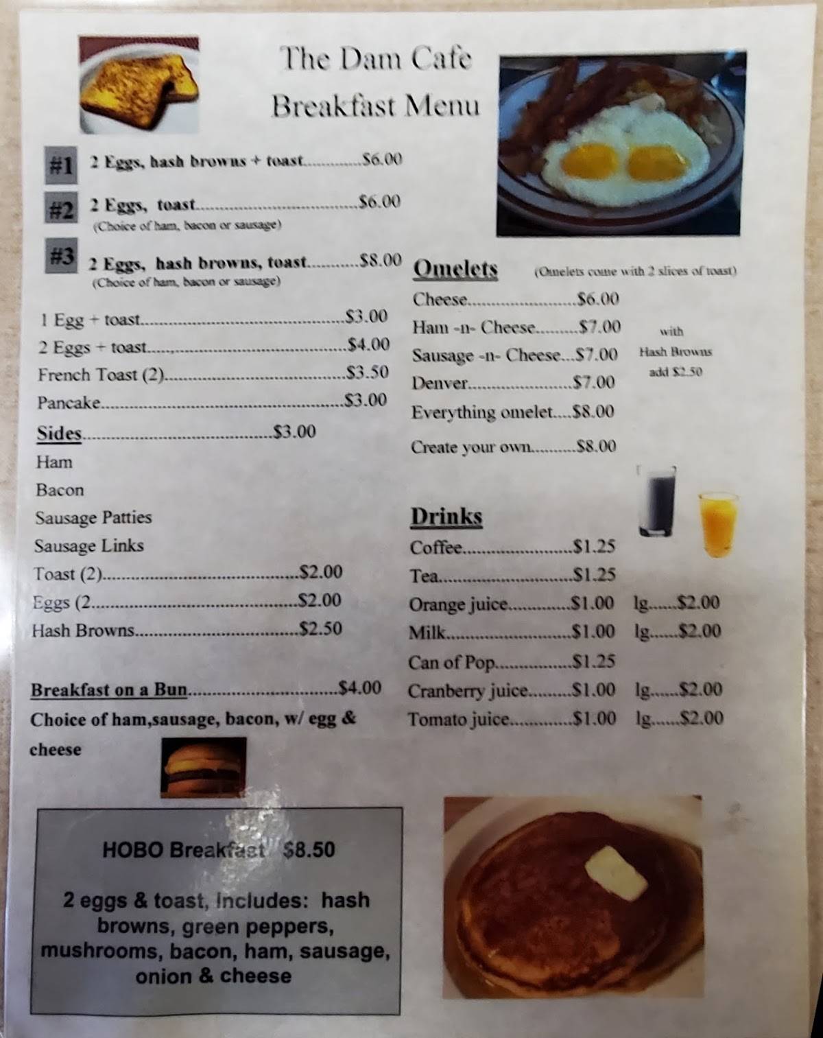 Menu at Dam Cafe, Fordville