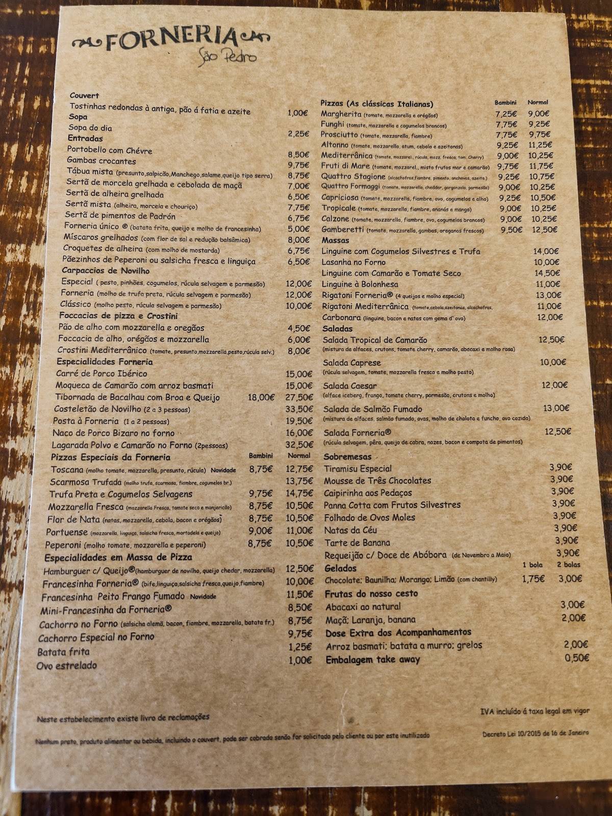 Menu em Forneria São Pedro restaurante, Vila Nova de Gaia