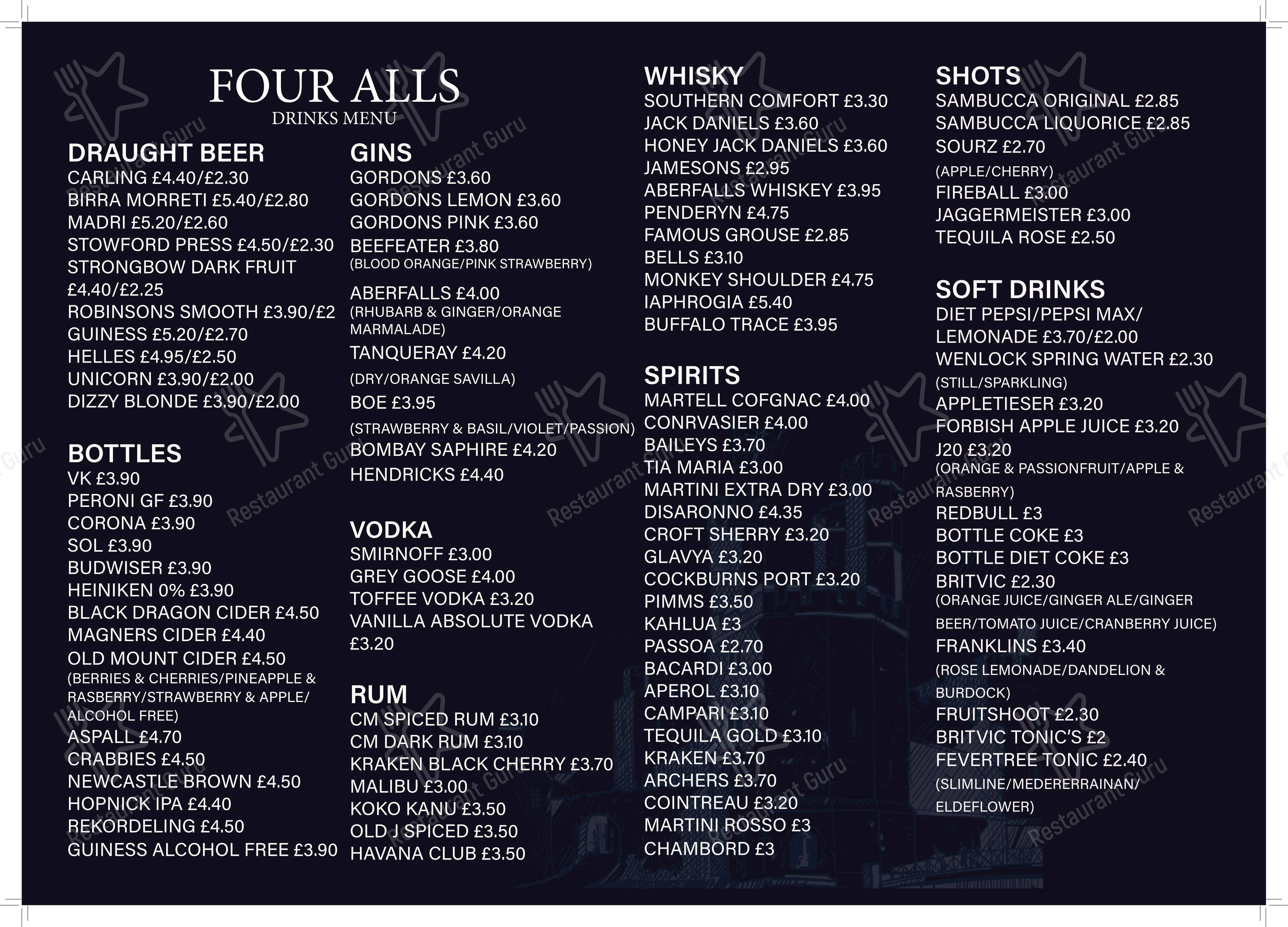 Menu at Four Alls pub & bar, Caernarfon, 6 Hole in the Wall St