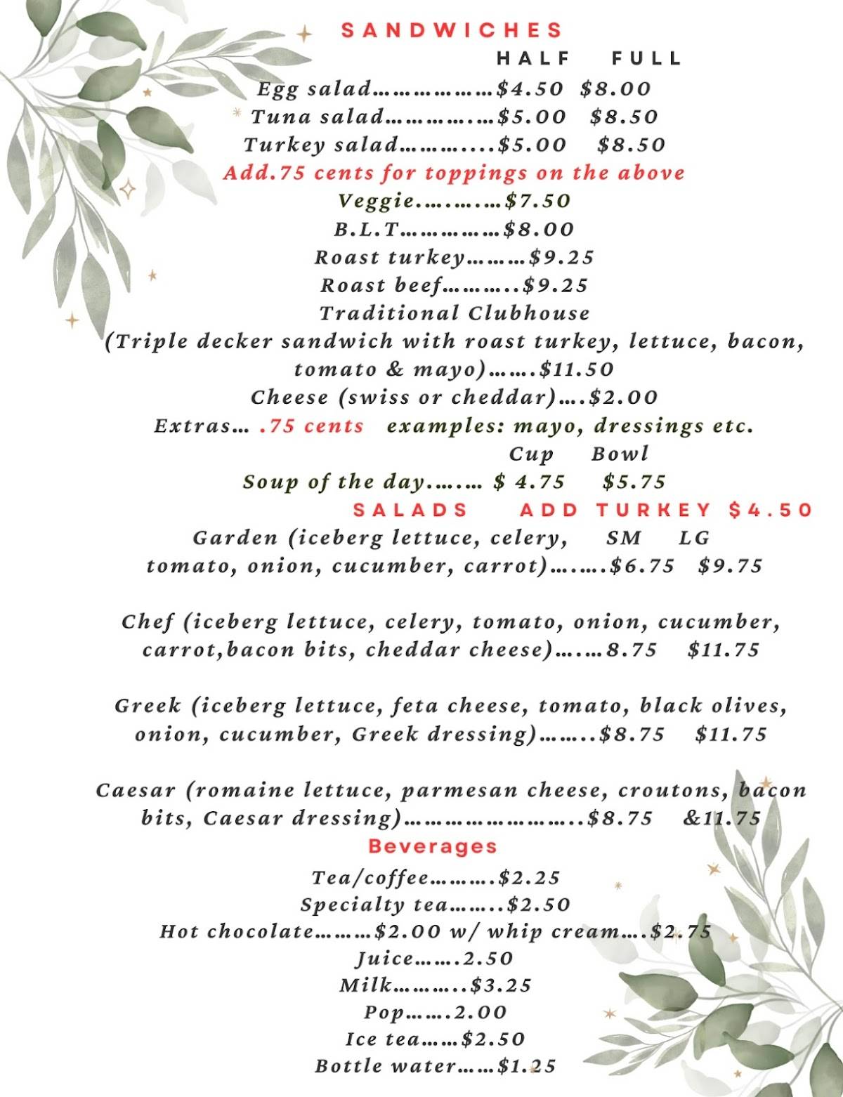 Menu at Four Corner Tea Room restaurant, Elmvale