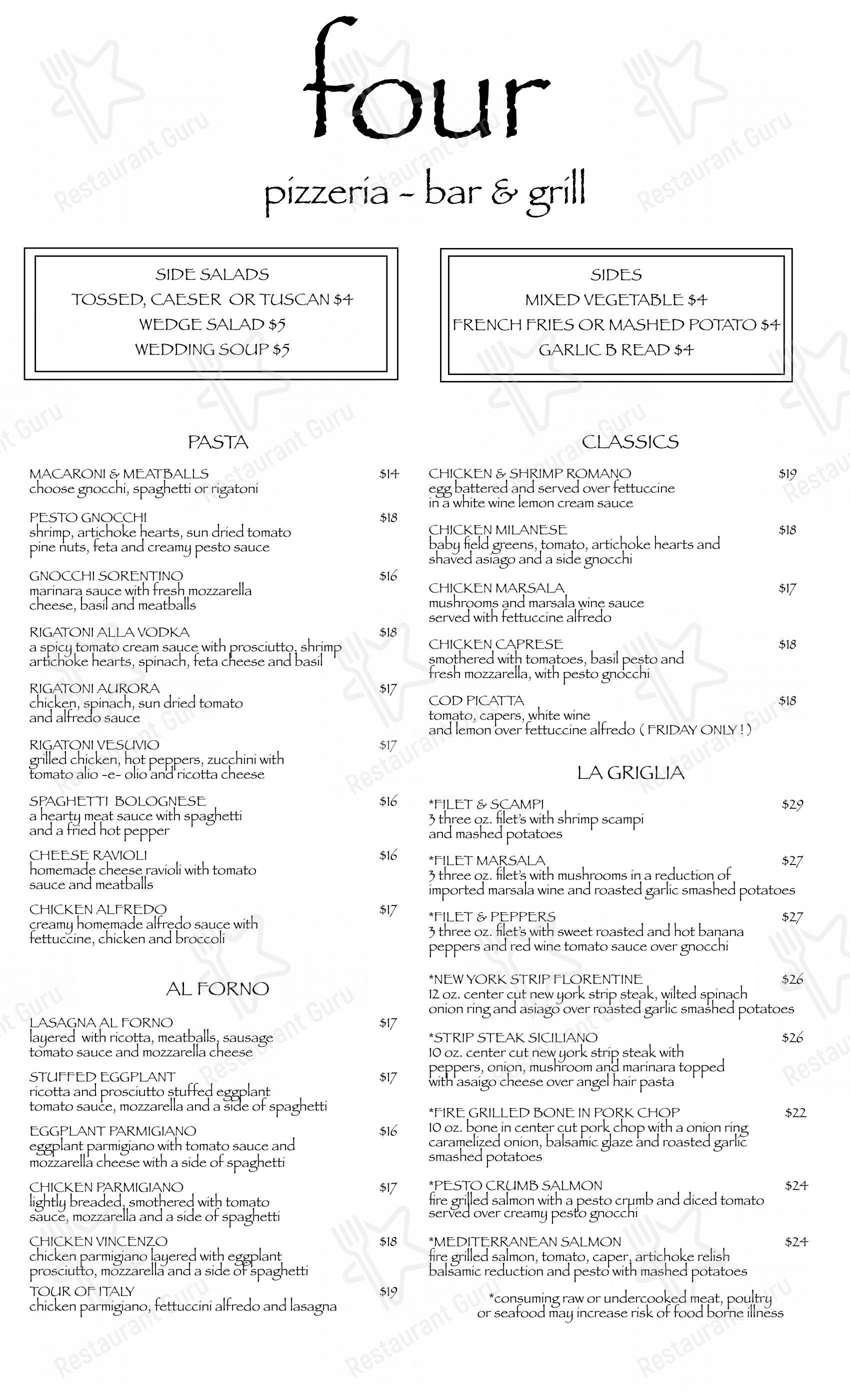 Menu at Four Pizzeria Bar and Grill, New Castle, Wilmington Rd