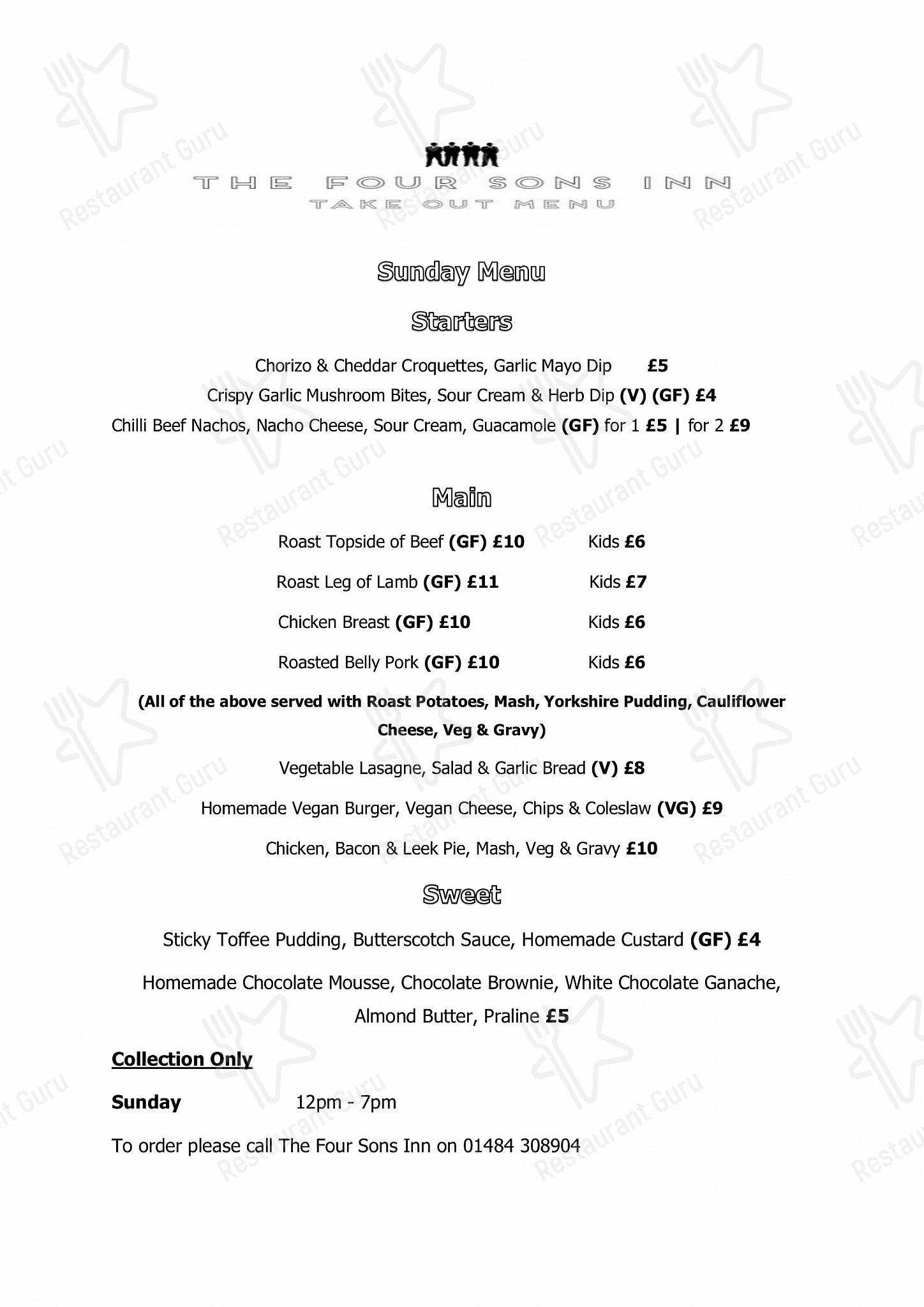 Menu at The Four Sons Inn pub & bar, Huddersfield