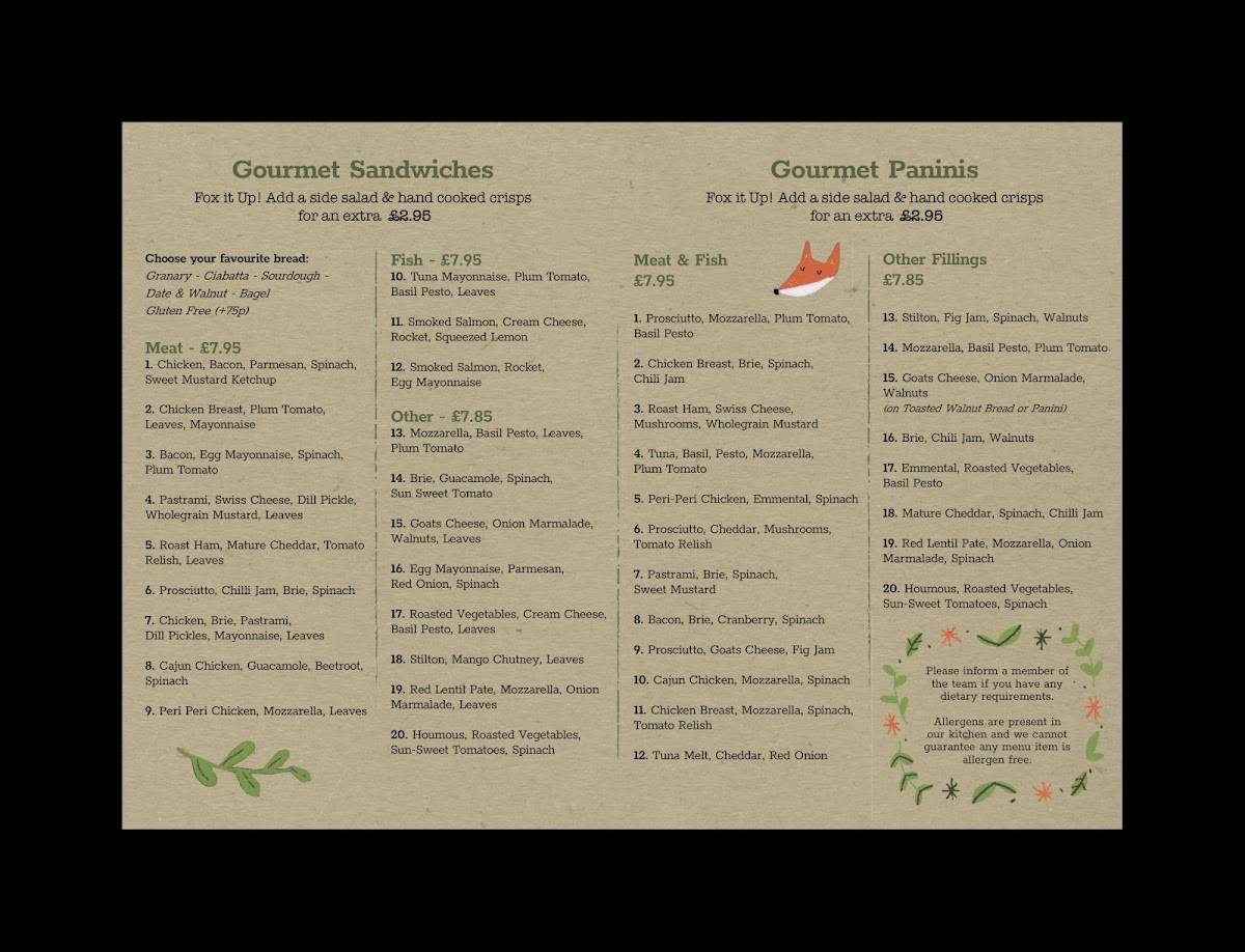 Menu at Fox Cafe, Nottingham