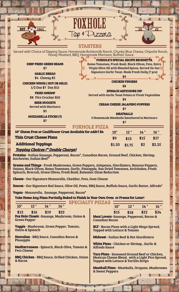 Menu at Fox Hole Tap & Pizzeria, McHenry