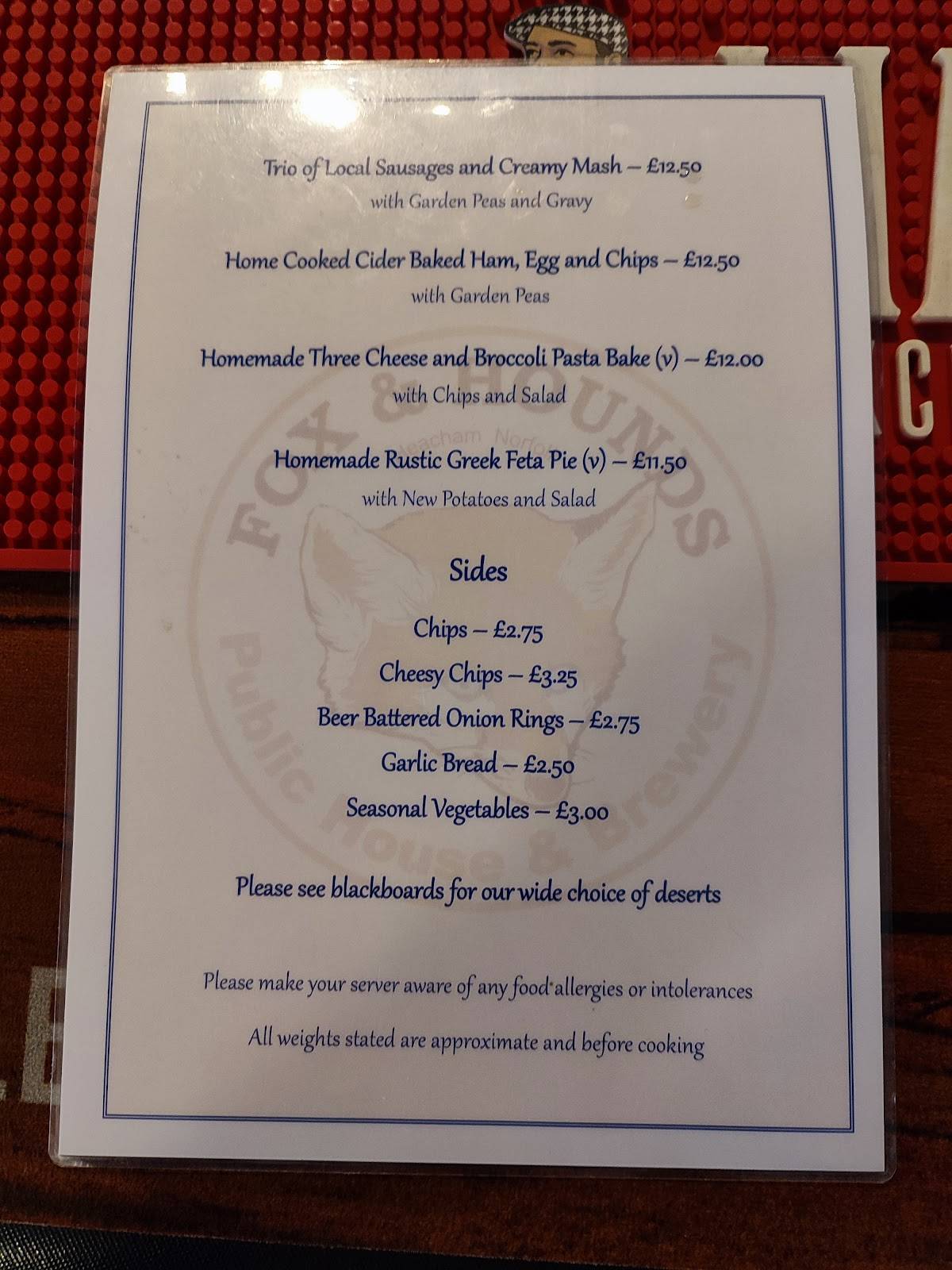 Menu at Fox and Hounds pub & bar, Heacham, 22 Station Rd