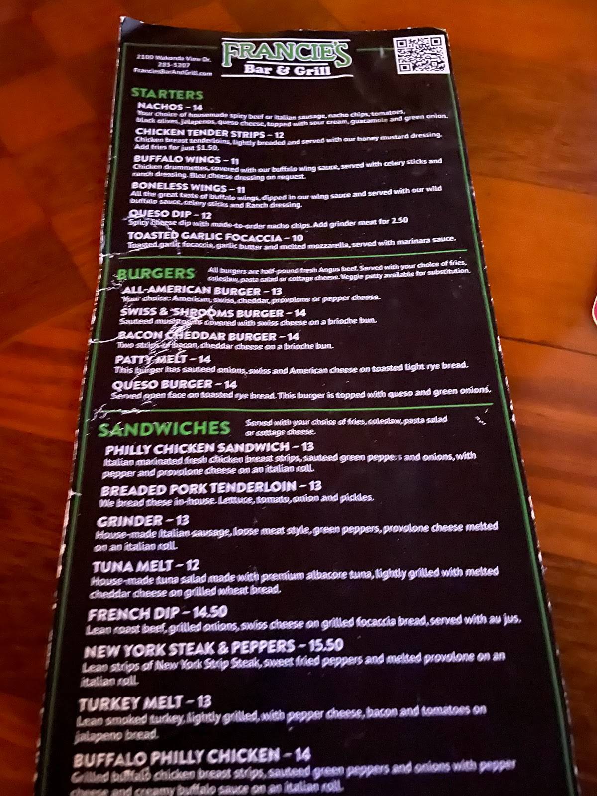 Menu at Francies pub & bar, Des Moines