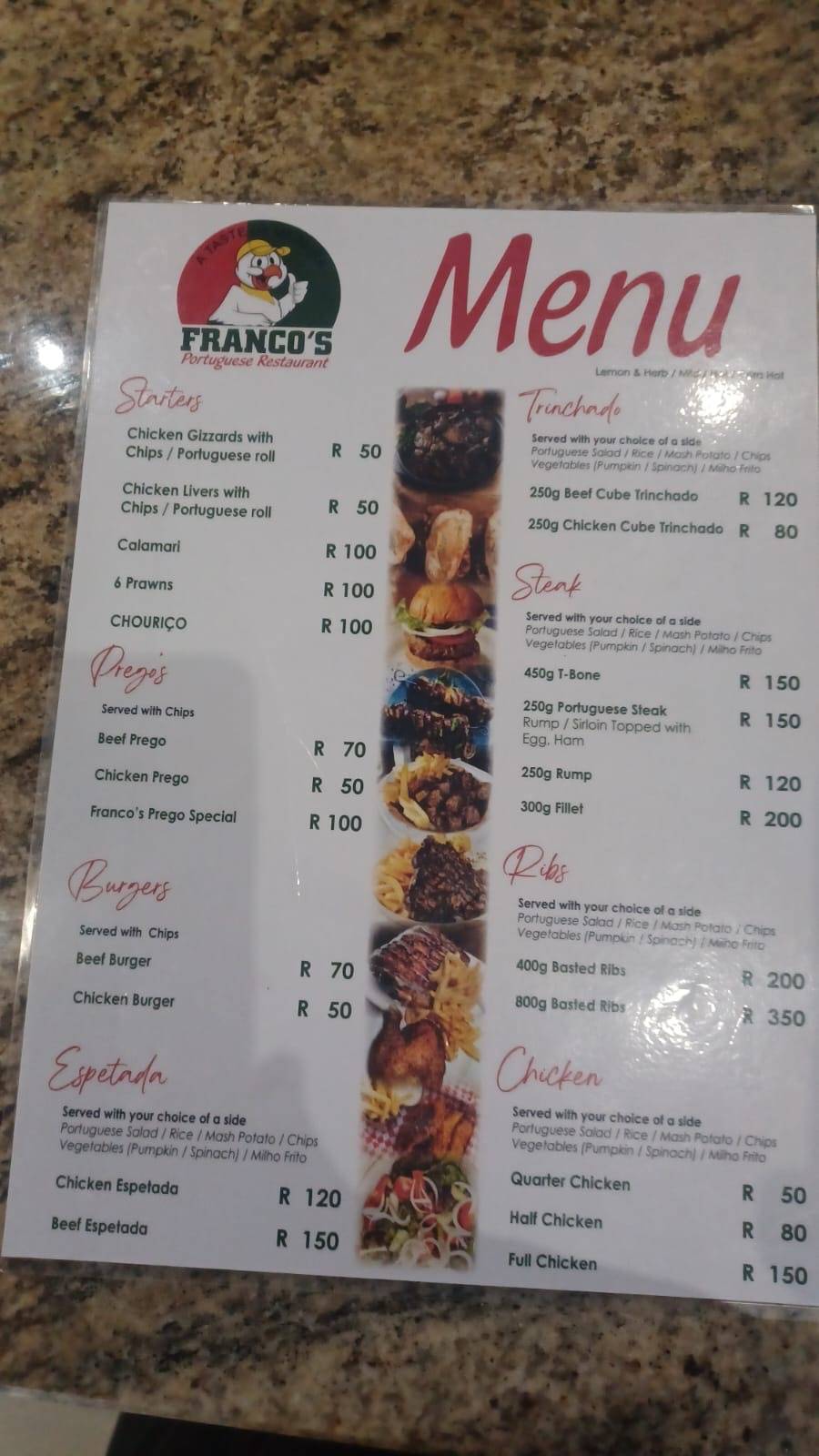 Menu at Franco's Portuguese Restaurant, Carletonville