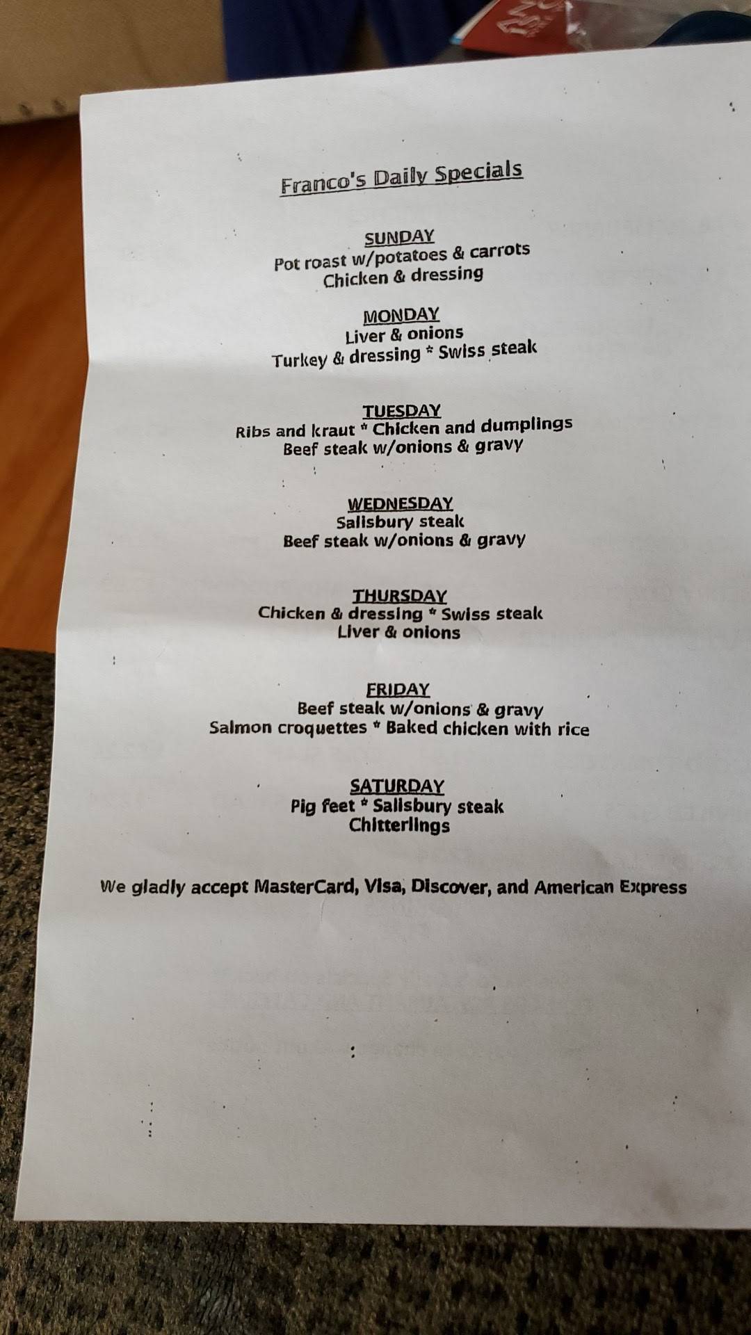 Menu at Franco's Restaurant & Catering, Louisville