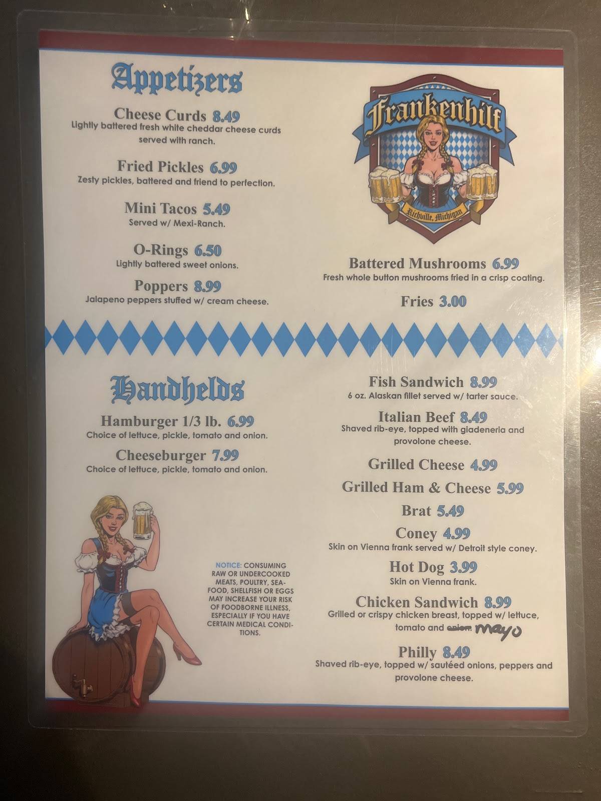 Menu at Frankenhilf Bar and Bier Garten, USA