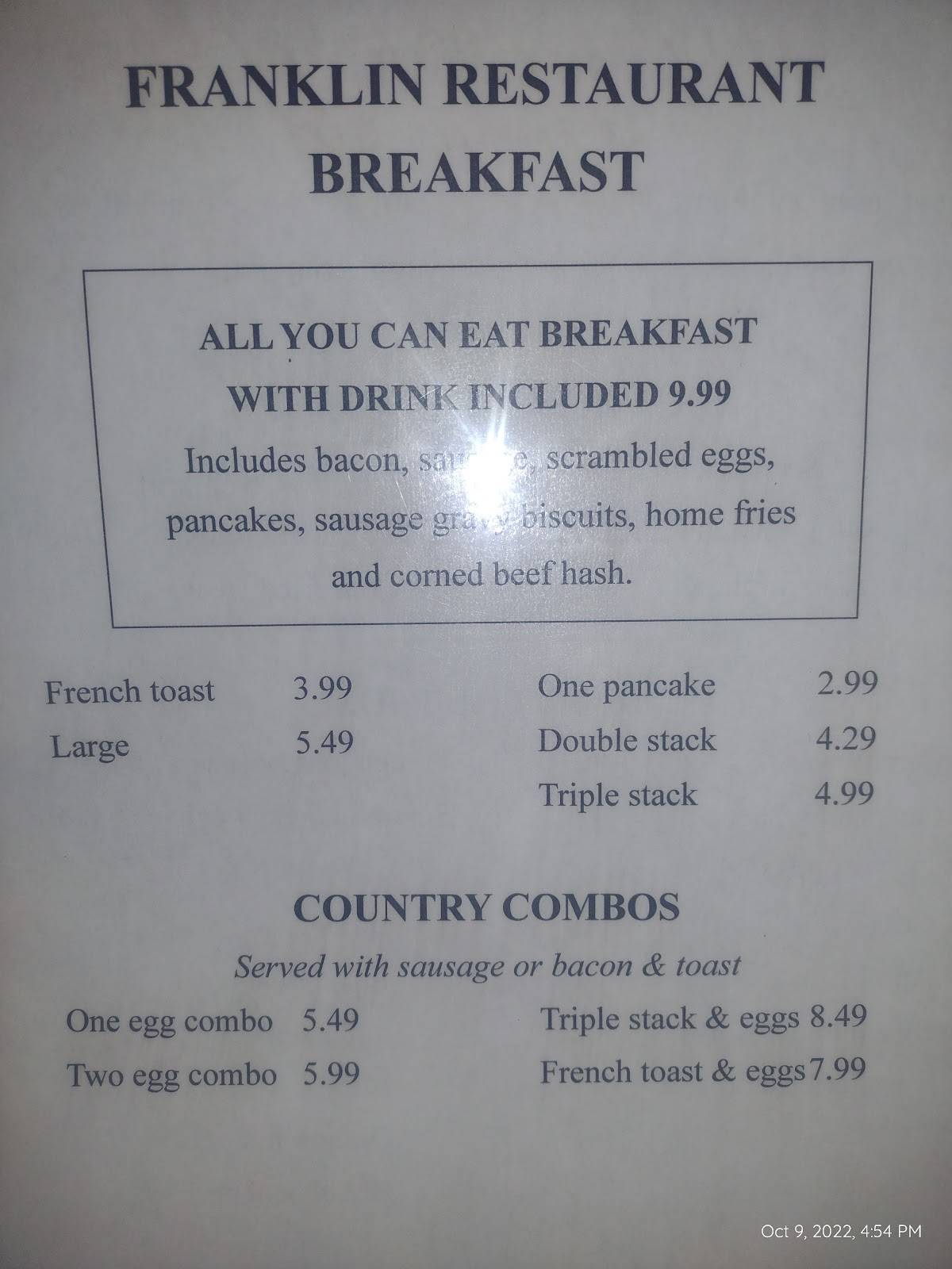 Menu at Franklin Restaurant, Rocky Mount